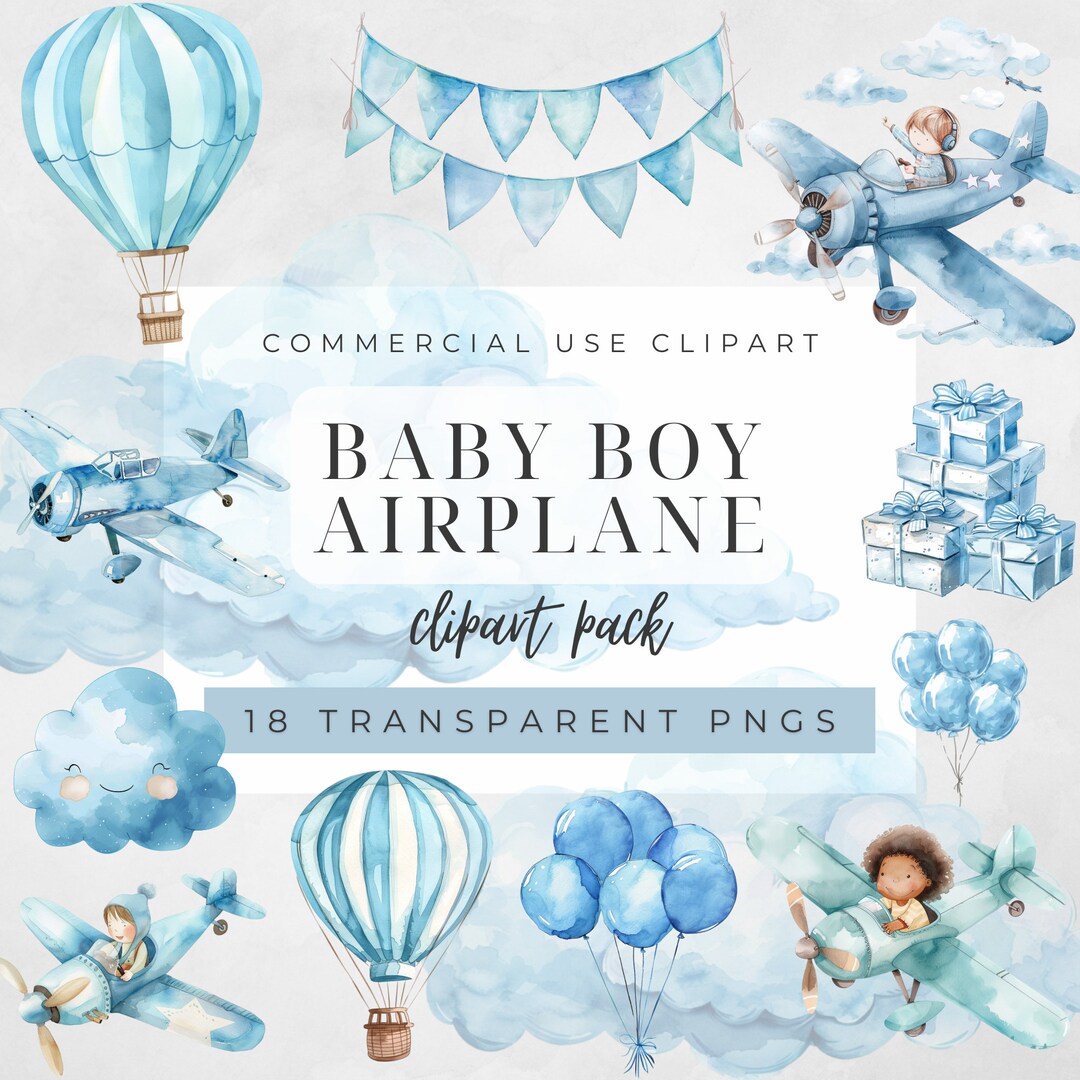 Watercolor Baby Boy Airplane Clipart, Blue Plane Clipart, Vintage Plane ...