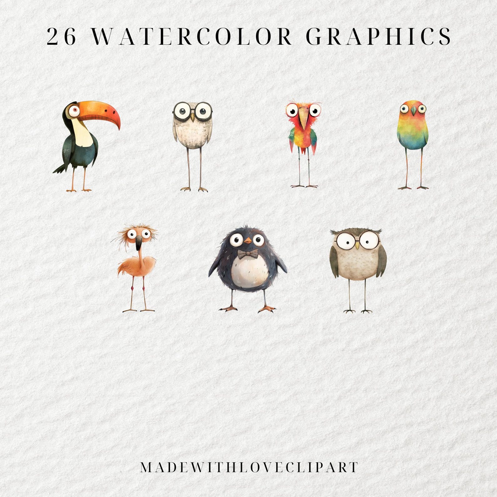 Watercolor Quirky Birds Clipart, Funny Bird Clipart, Whimsy Birds ...