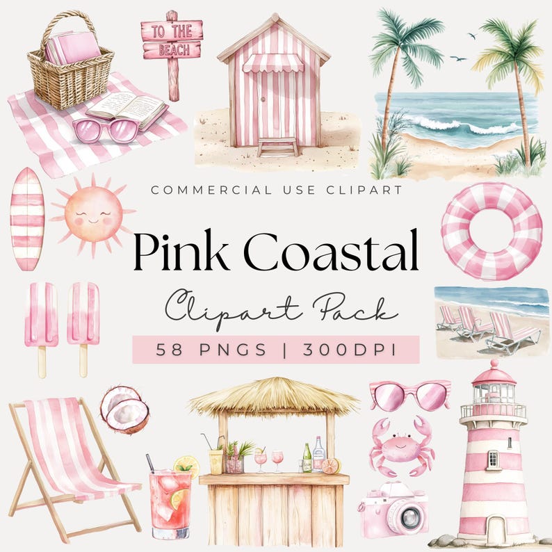 Watercolor Pink Beach Day Clipart, Pink Summer Clipart, Tropical ...