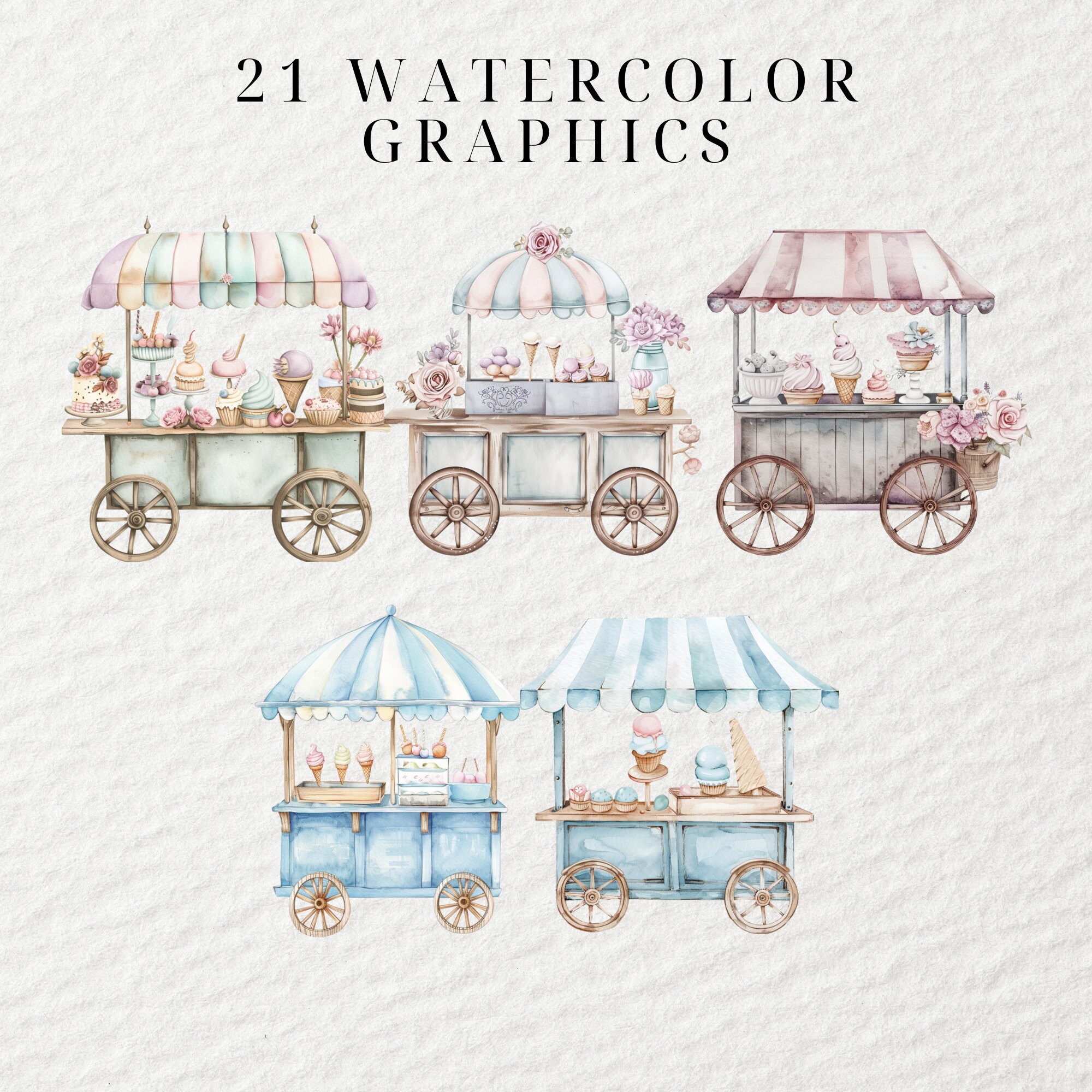 Watercolor Ice Cream Cart Clipart Bundle, Desserts Clipart, Ice Cream ...