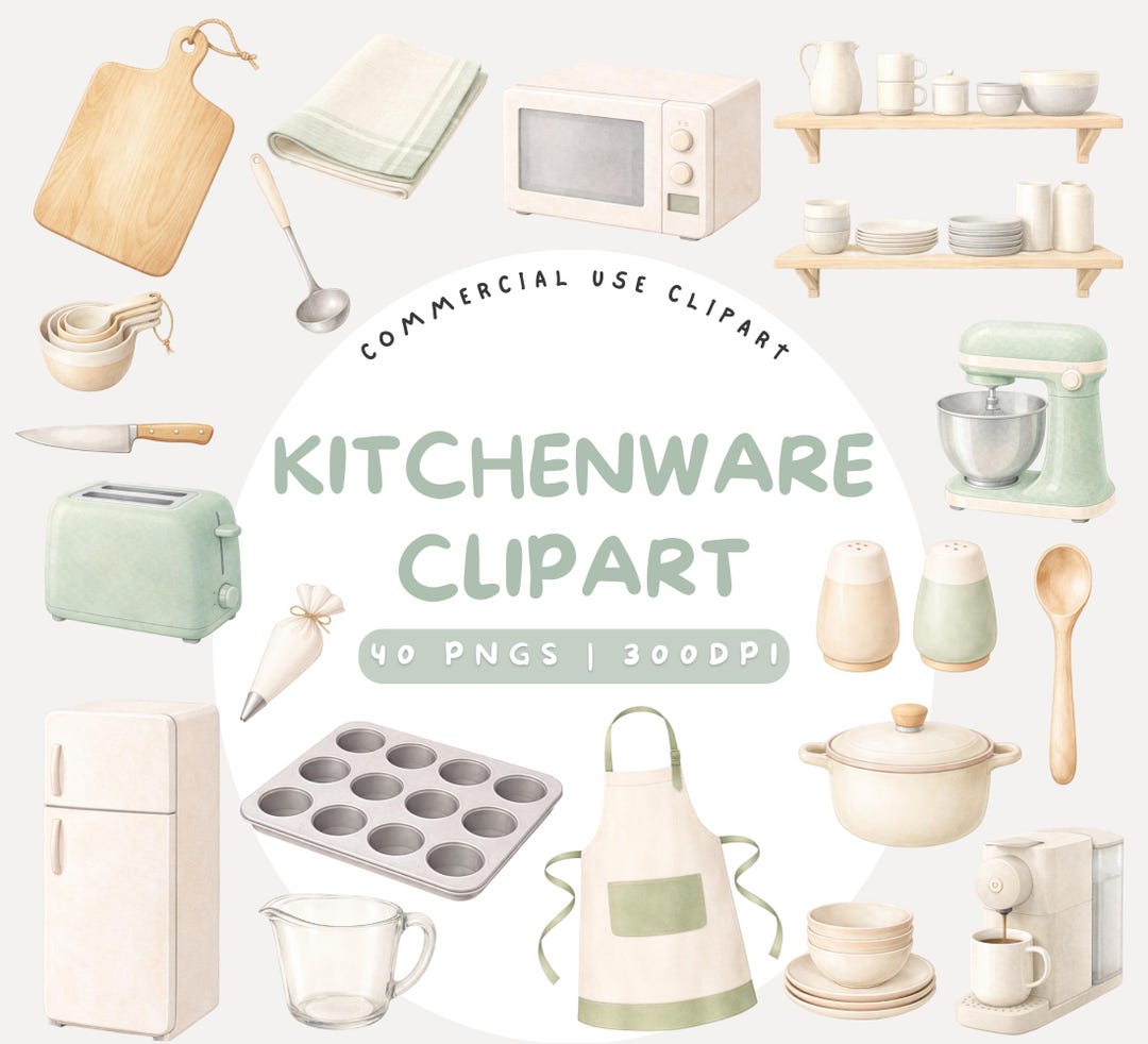 Watercolor Kitchenware Clipart, Kitchen Utensils, Cooking Clipart, 40 ...