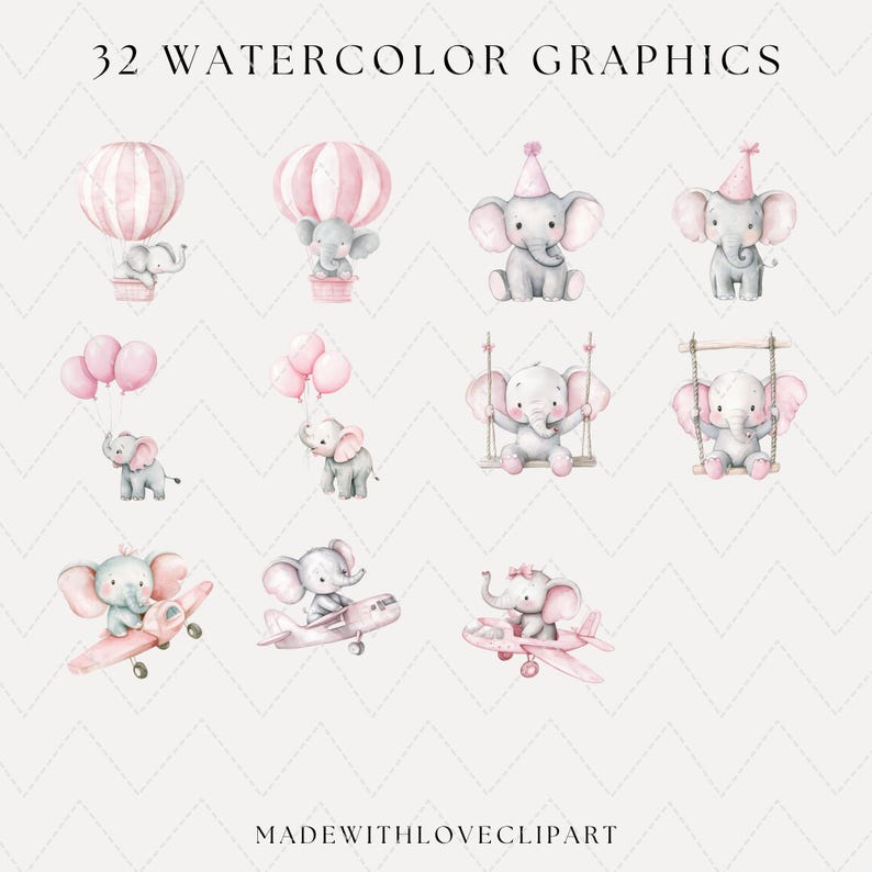 Watercolor Baby Elephant Clipart, Pink Elephant Clipart, Baby Girl ...