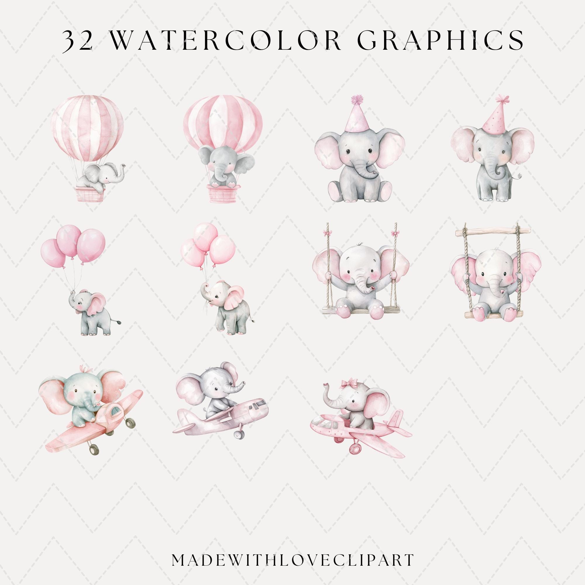Watercolor Baby Elephant Clipart, Pink Elephant Clipart, Baby Girl ...