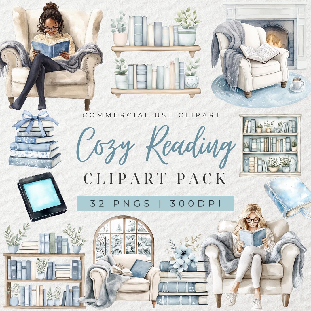 Watercolor Cozy Reading Clipart, Blue Winter Clipart, Book Reading ...