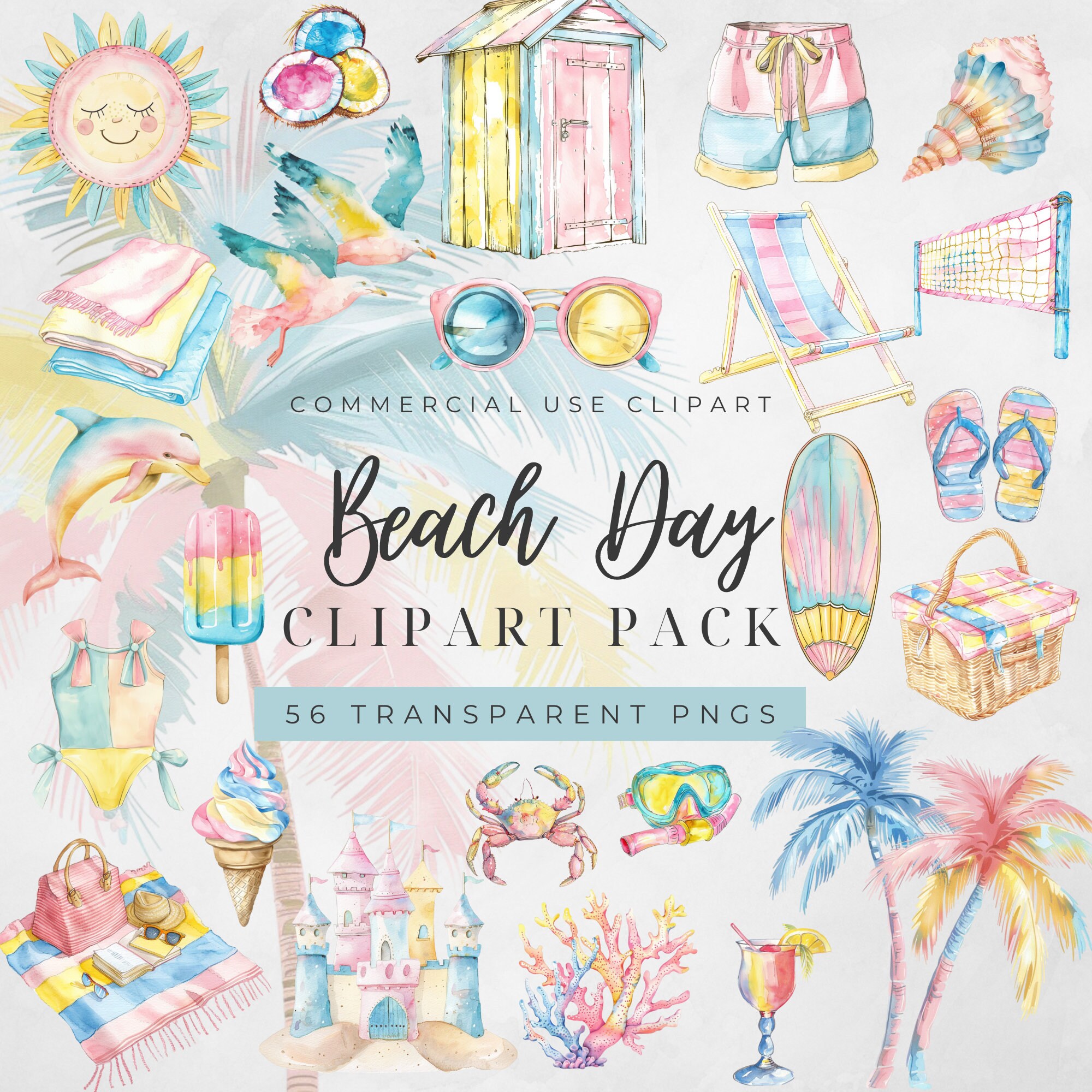 Watercolor Beach Day Clipart, Summer Clipart, Travel Clipart, Beach ...