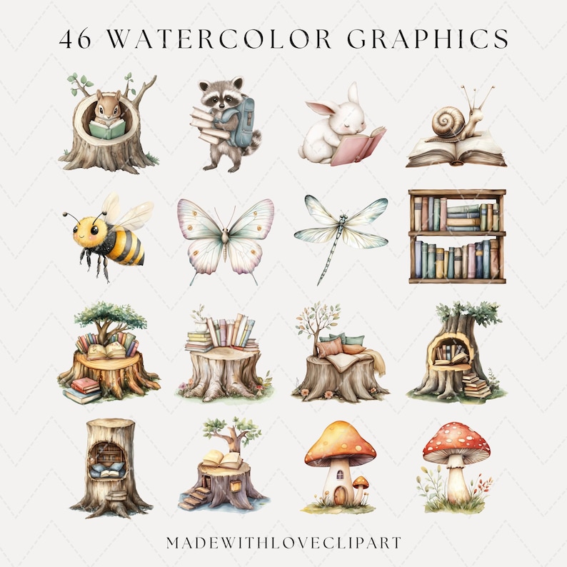 Watercolor Woodland Reading Clipart, Storytime Clipart, Cute Forest ...
