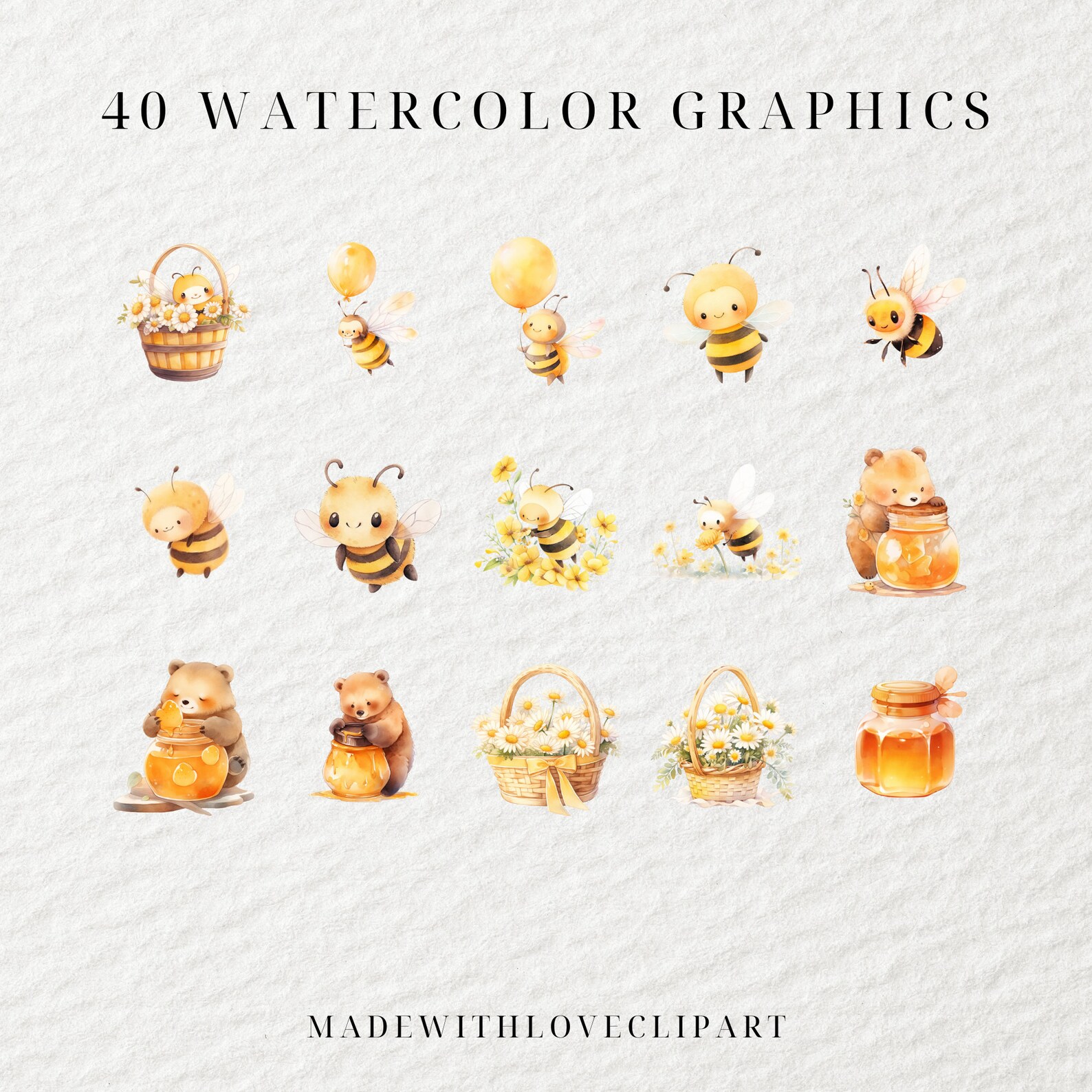 Watercolor Cute Honey Bee Clipart, Cute Bee Clipart, Bumble Bee Clipart ...