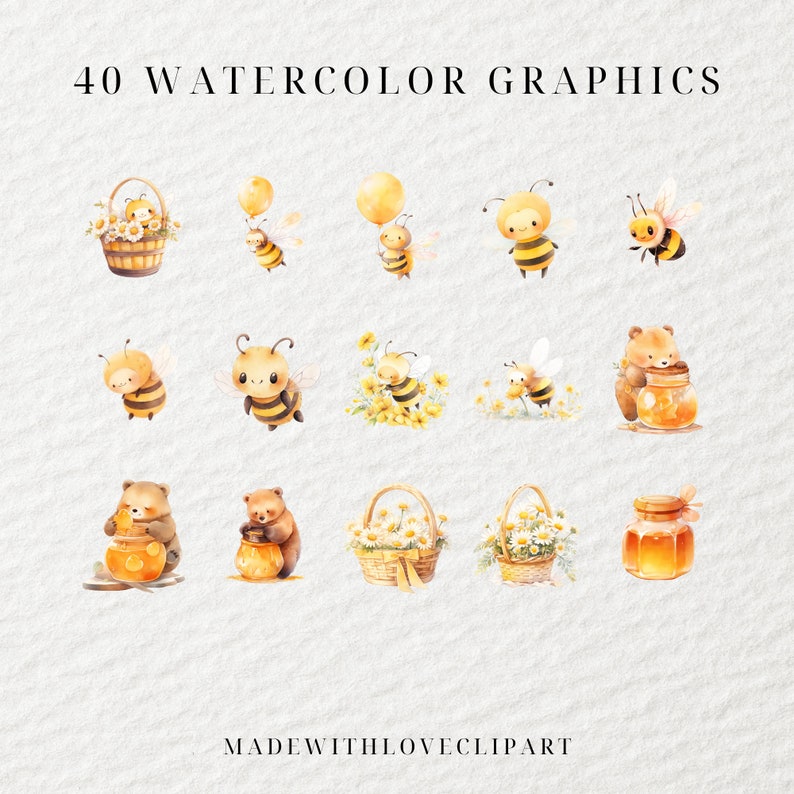 Watercolor Cute Honey Bee Clipart, Cute Bee Clipart, Bumble Bee Clipart ...