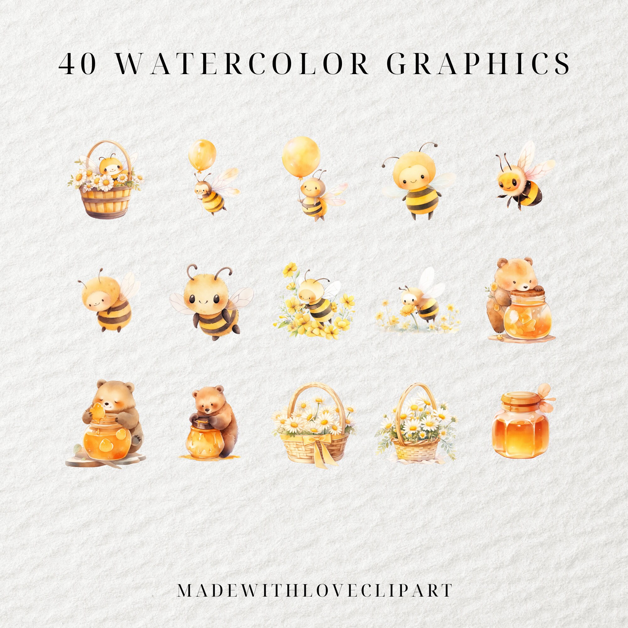 Watercolor Cute Honey Bee Clipart, Cute Bee Clipart, Bumble Bee Clipart ...