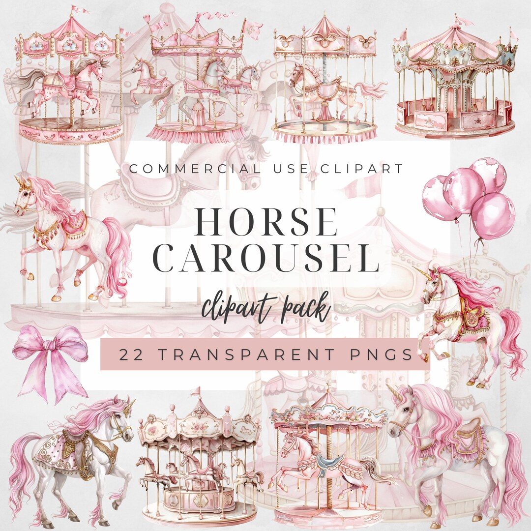 Watercolor Pink Horse Carousel Clipart Bundle, Horse Clipart, Pink ...