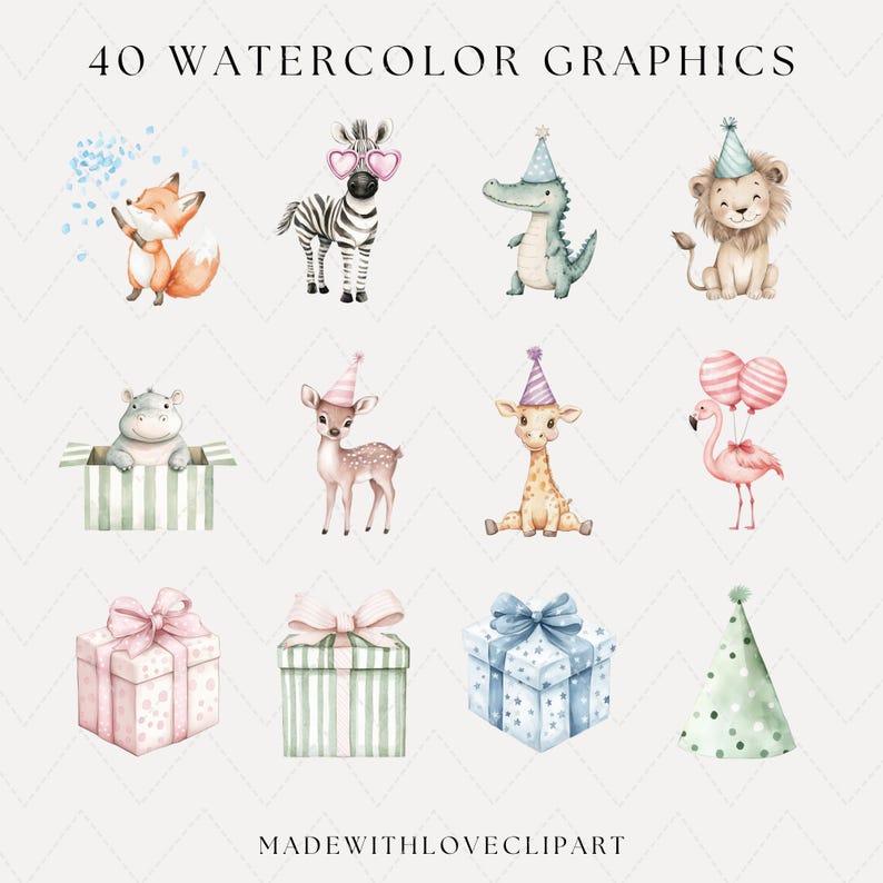 Watercolor Party Animals Clipart, Cute Birthday Party Clipart, Safari ...