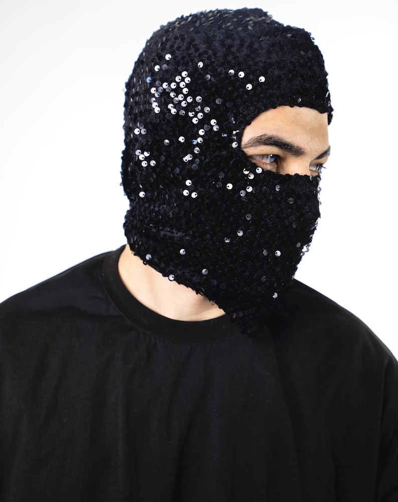 Ski Mask, Balaclava Sequin Shiny Black Handmade Special Design Unique ...