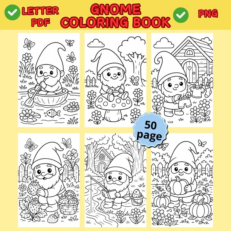 Gnome Coloring Pages – Cute Gnome Coloring Book PDF + PNG, Fantasy ...