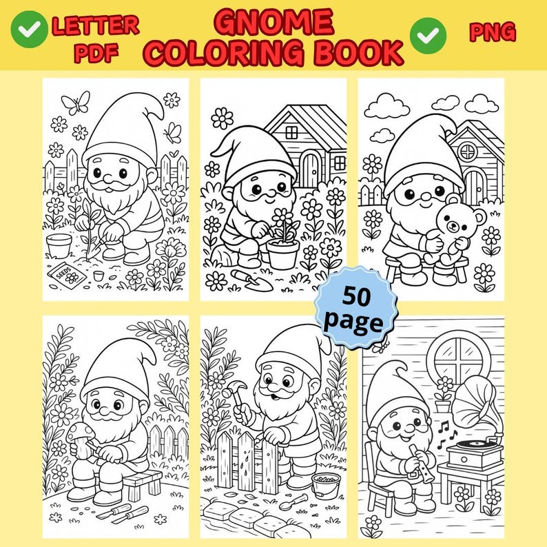 Gnome Coloring Pages – Cute Gnome Coloring Book PDF + PNG, Fantasy ...