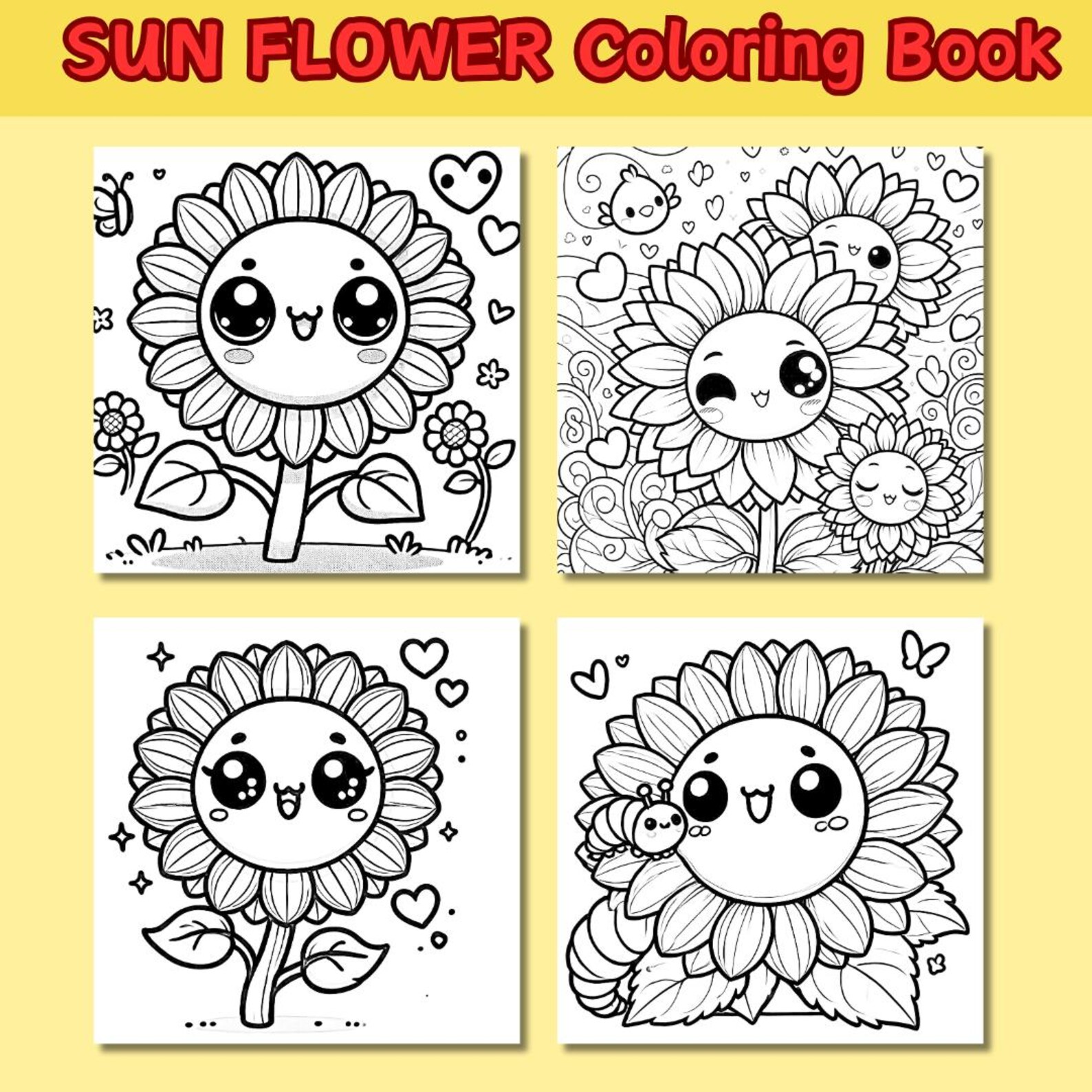 Cute Sunflower Coloring Pages, Cute Floral Coloring Book, Kawaii ...