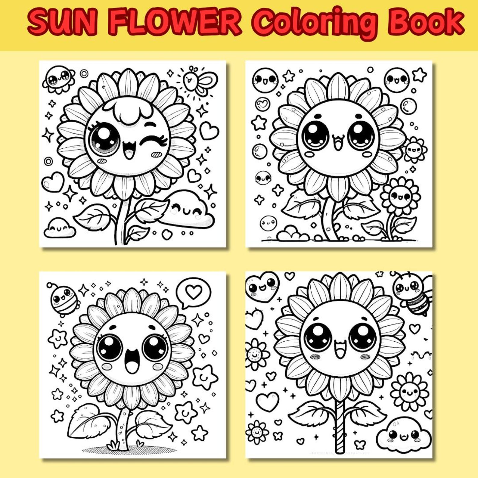 Cute Sunflower Coloring Pages, Cute Floral Coloring Book, Kawaii ...