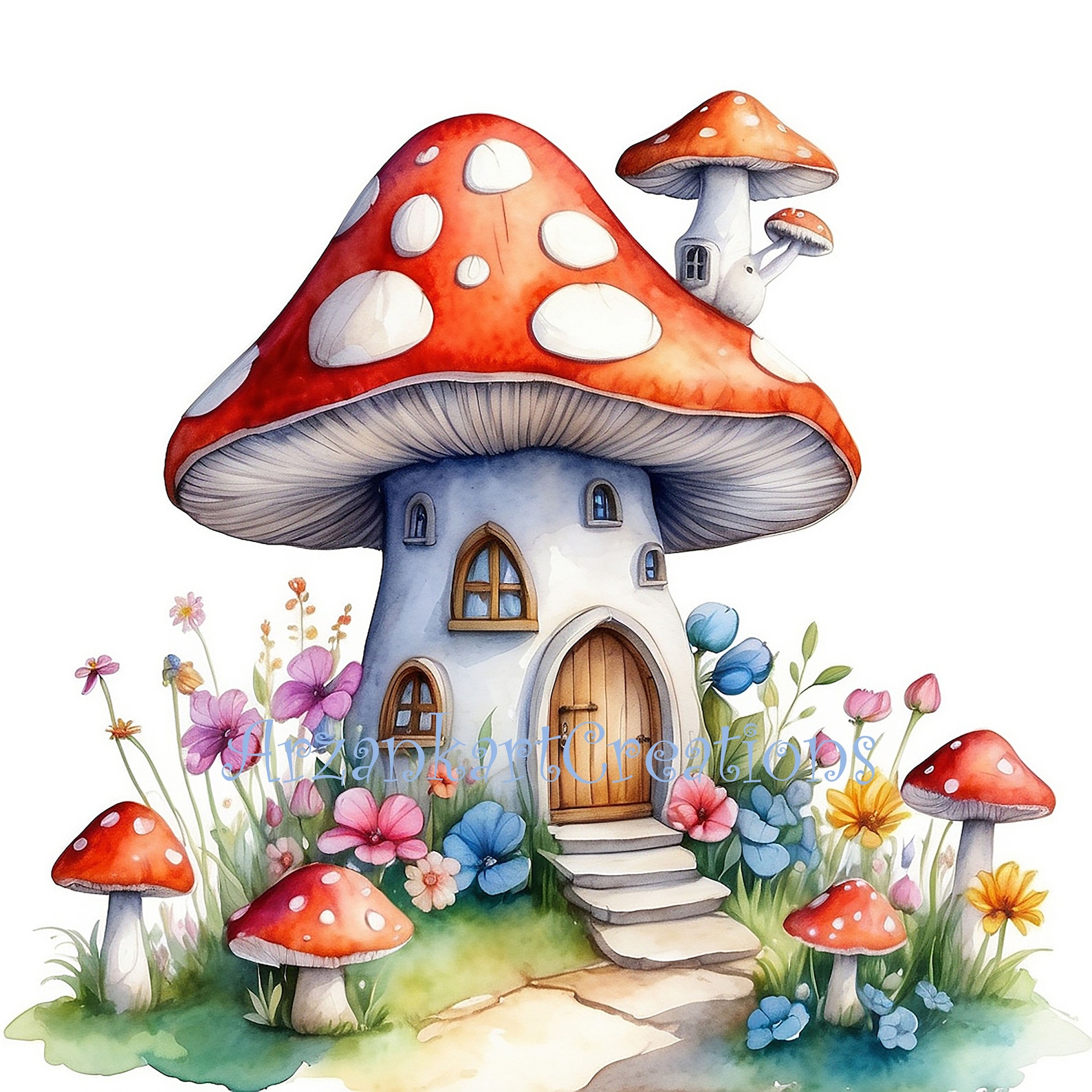 Watercolor Mushroom House Clip Art Digital Illustration, Whimsical ...