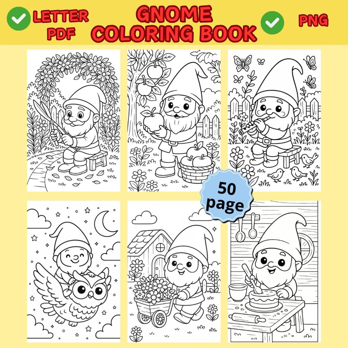Gnome Coloring Pages – Cute Gnome Coloring Book PDF + PNG, Fantasy ...