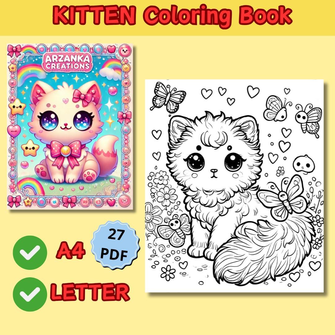 Kawaii Kitten Printable Coloring Book Cute Cats for Kids & Adults, Easy ...