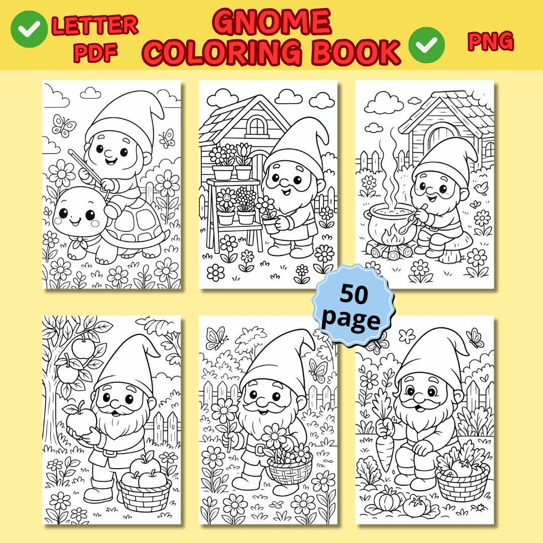 Gnome Coloring Pages – Cute Gnome Coloring Book PDF + PNG, Fantasy ...