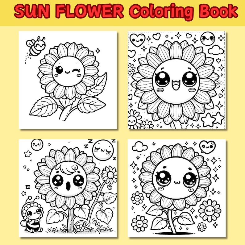 Cute Sunflower Coloring Pages, Cute Floral Coloring Book, Kawaii ...