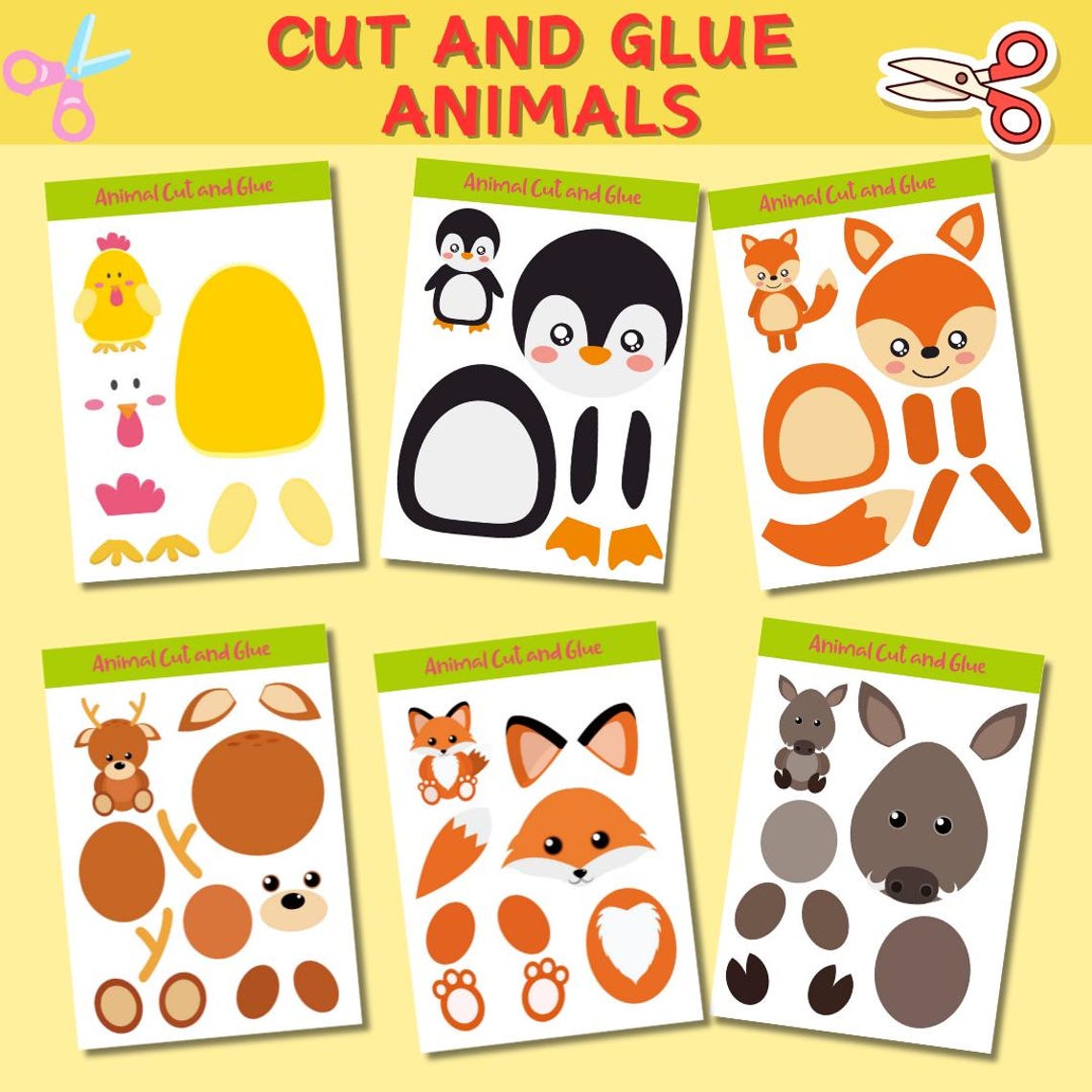 Cut and Glue Animals, Scissor Skills Worksheets, Preschool Cutting ...