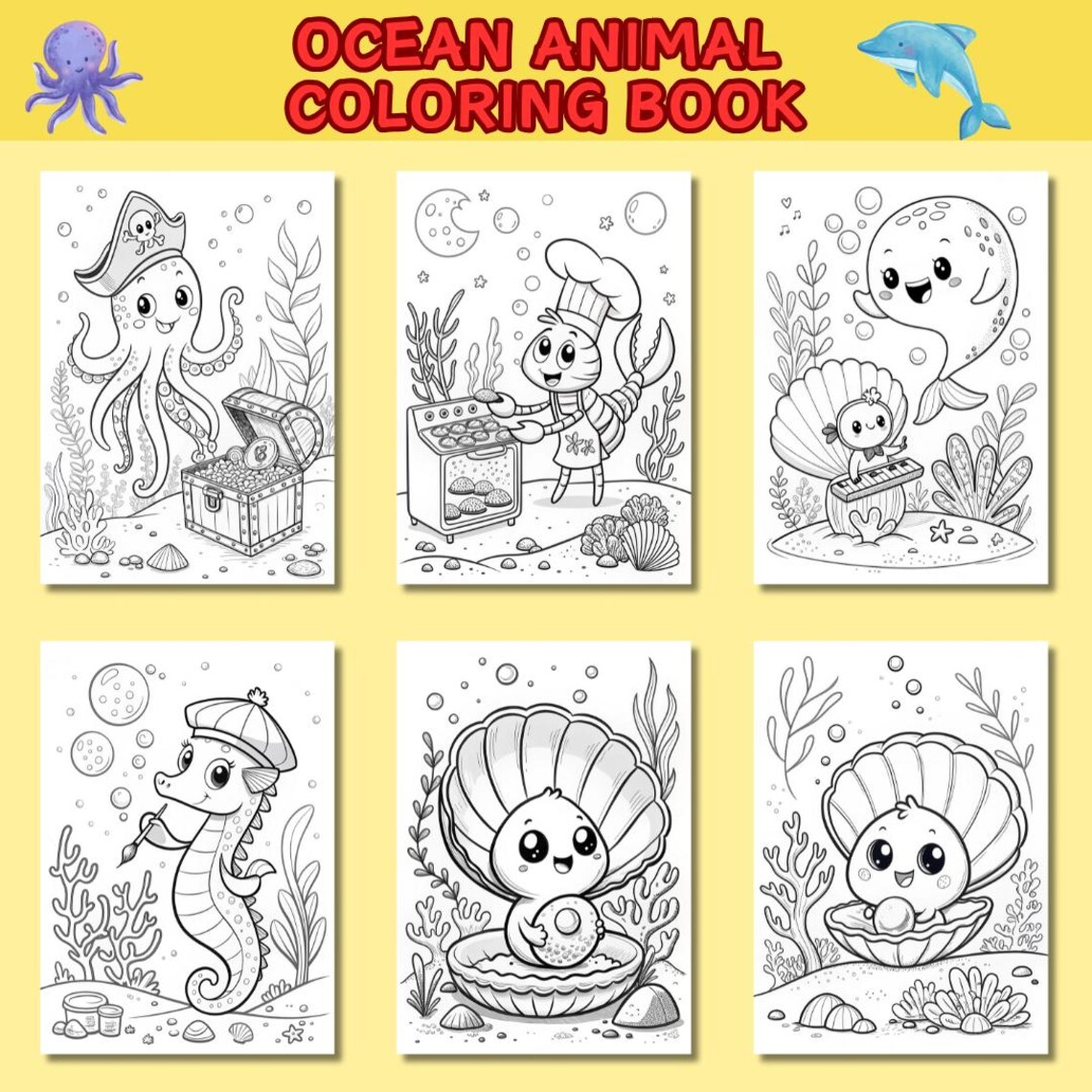 Ocean Animal Coloring Page, Sea Animals Coloring Book, Marine Life ...