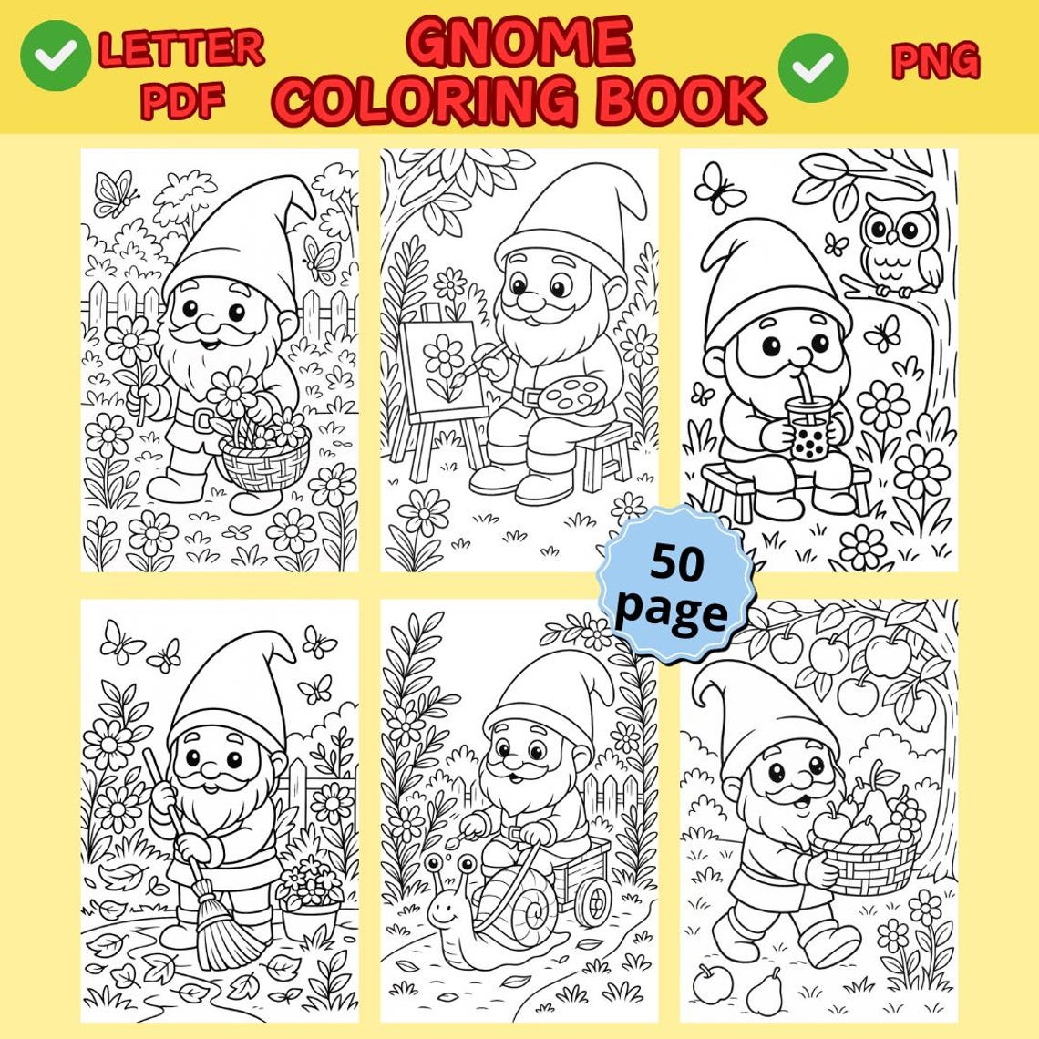 Gnome Coloring Pages – Cute Gnome Coloring Book PDF + PNG, Fantasy ...