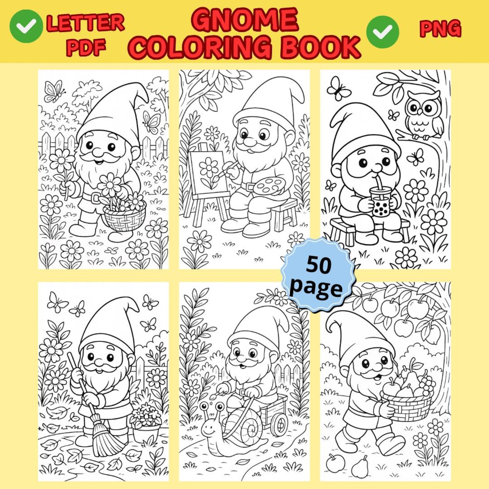 Gnome Coloring Pages – Cute Gnome Coloring Book PDF + PNG, Fantasy ...