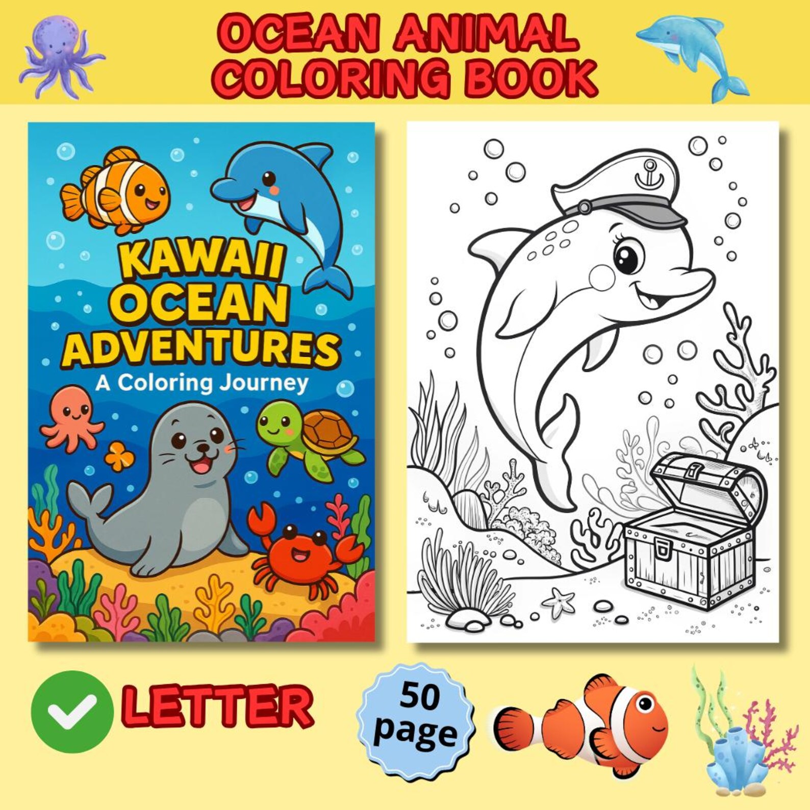 Ocean Animal Coloring Page, Sea Animals Coloring Book, Marine Life ...