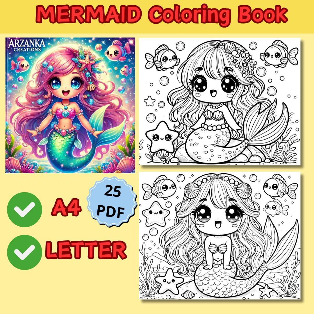 Bold and Easy, Mermaid Coloring Book for Kids, Kawaii Mermaid Coloring ...