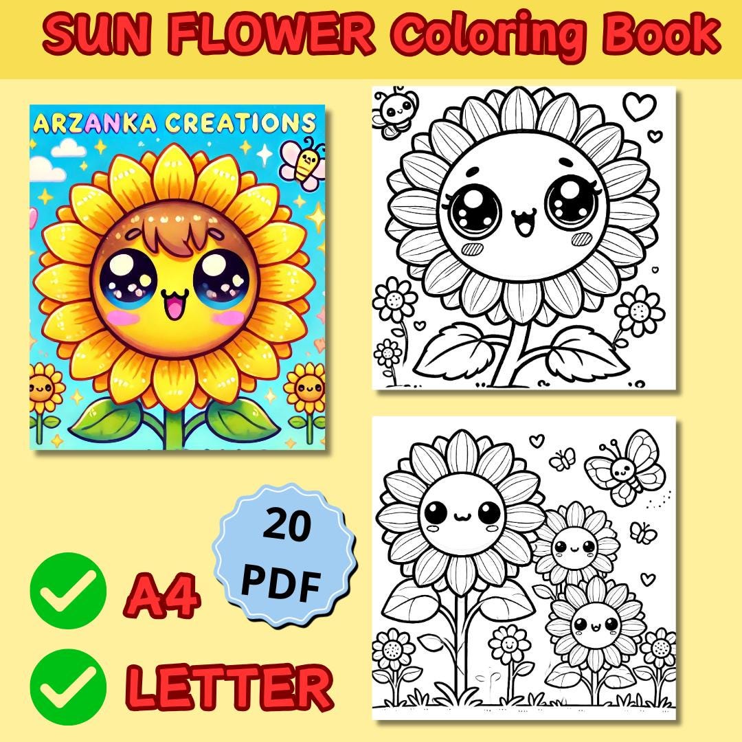 Cute Sunflower Coloring Pages, Cute Floral Coloring Book, Kawaii ...