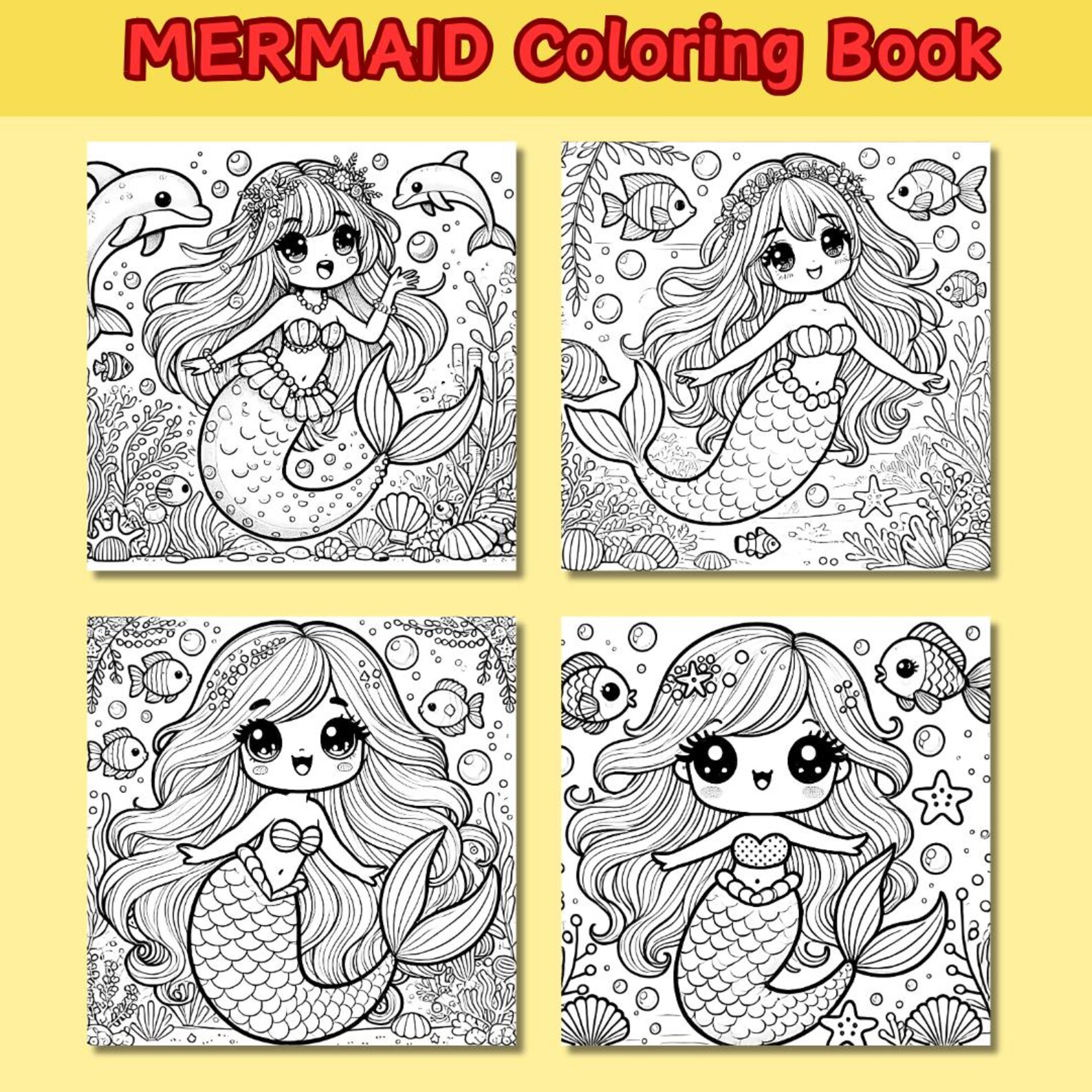 Bold and Easy, Mermaid Coloring Book for Kids, Kawaii Mermaid Coloring ...