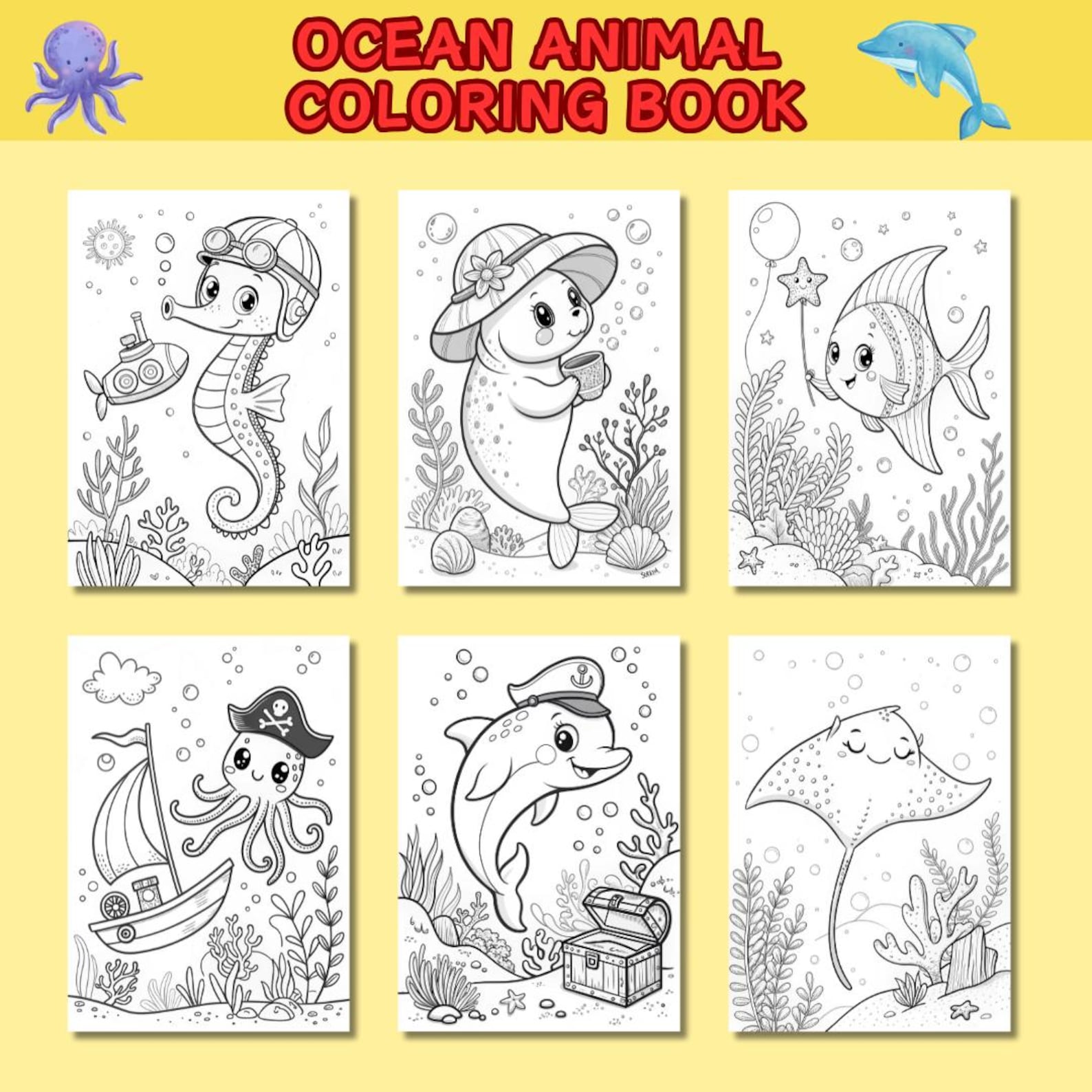 Ocean Animal Coloring Page, Sea Animals Coloring Book, Marine Life ...