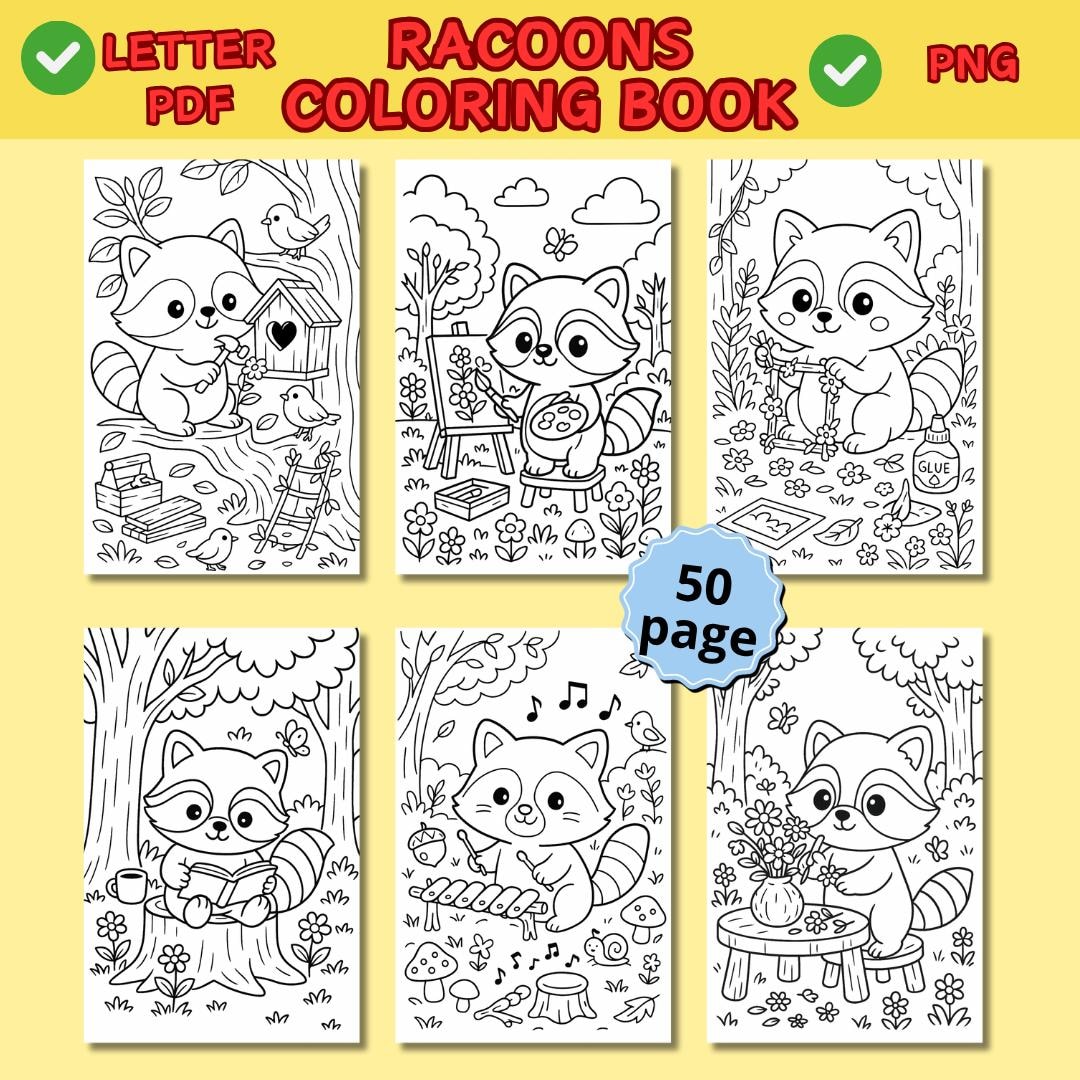 Forest Animals Coloring Book, Raccoon Coloring Book, Baby Raccoon ...