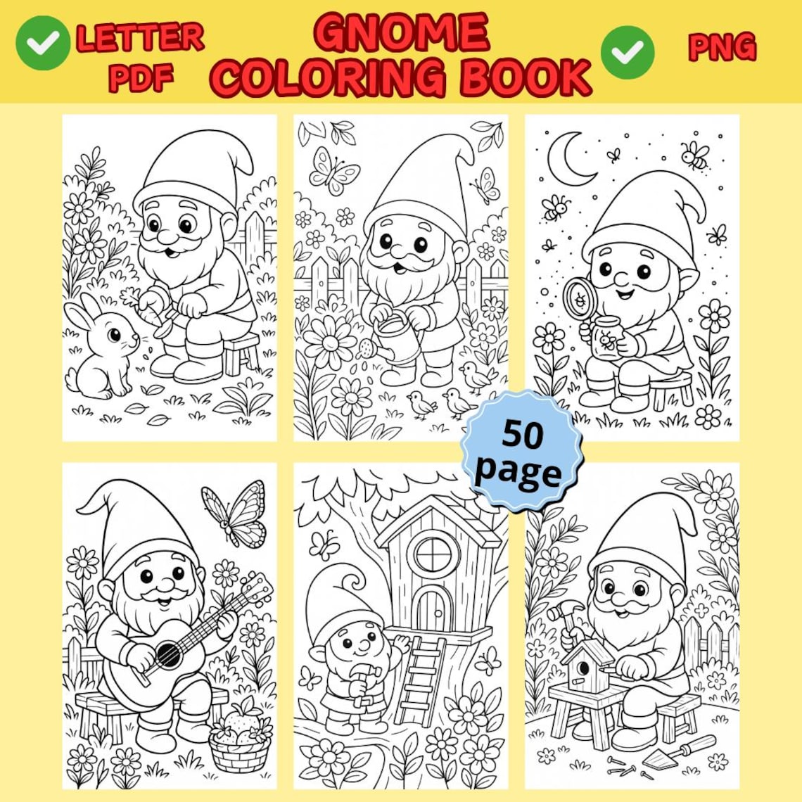 Gnome Coloring Pages – Cute Gnome Coloring Book PDF + PNG, Fantasy ...