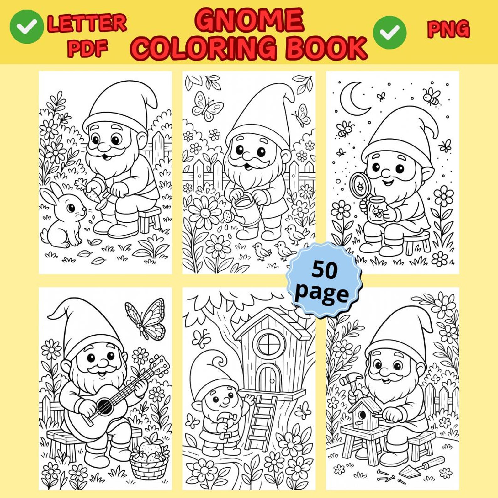 Gnome Coloring Pages – Cute Gnome Coloring Book PDF + PNG, Fantasy ...