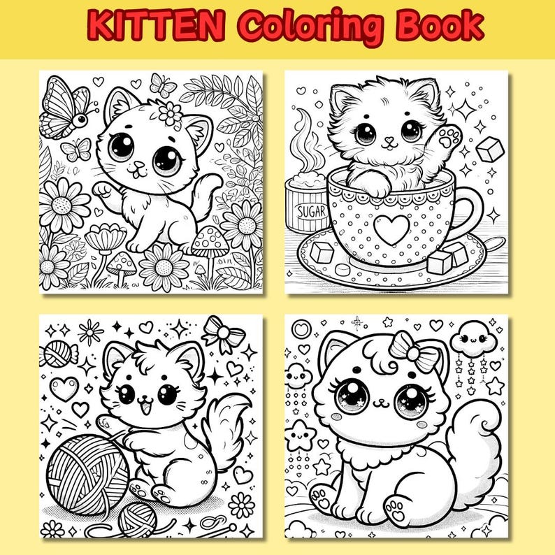 Kawaii Kitten Printable Coloring Book Cute Cats for Kids & Adults, Easy ...