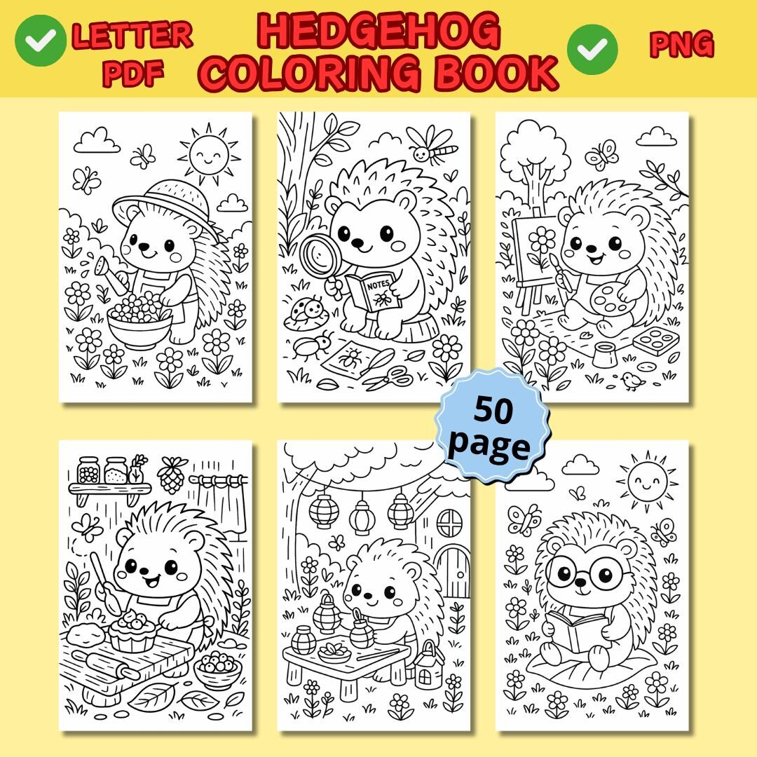 50 Hedgehog Coloring Book, Kawaii Hedgehog Pages, Cute Animal Coloring ...