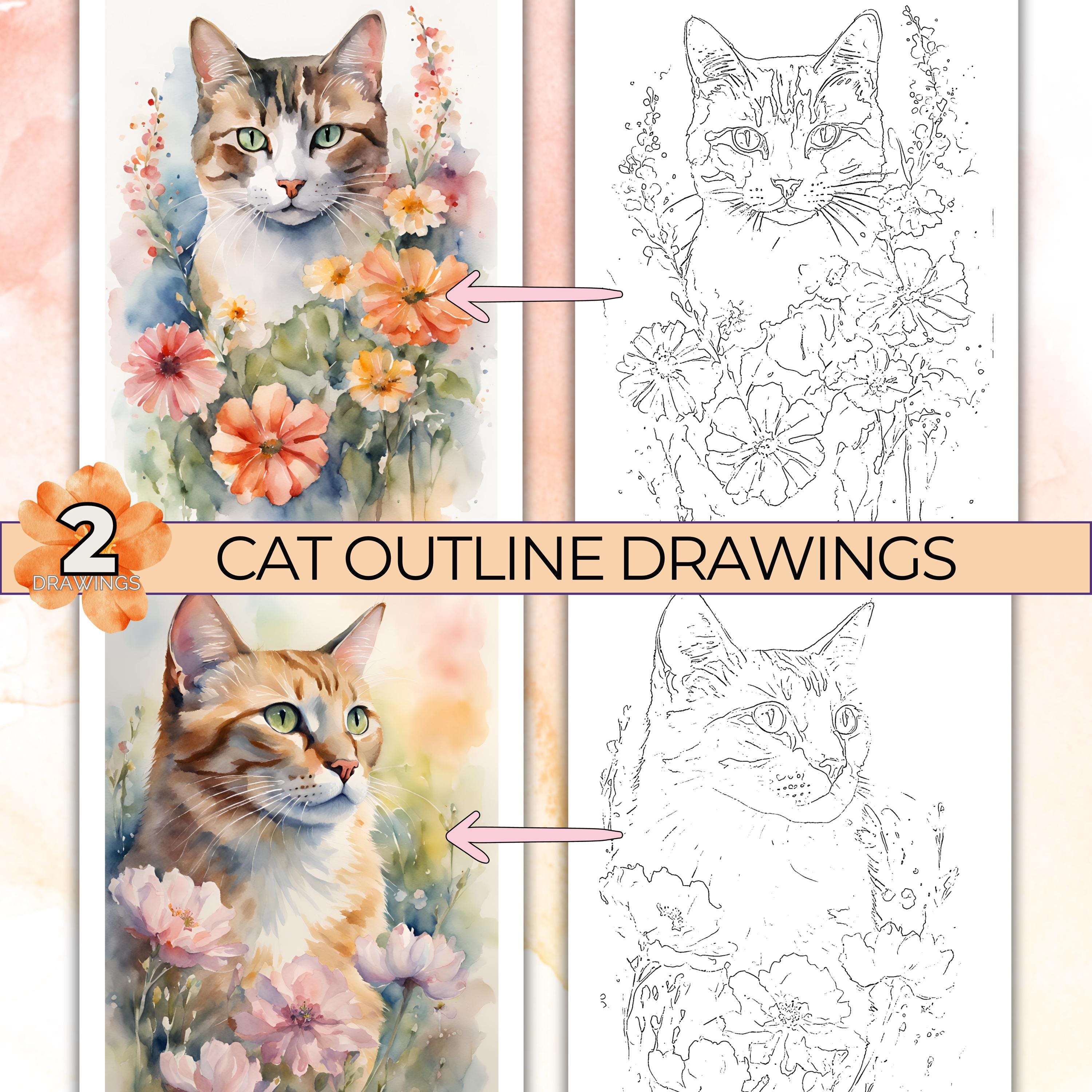 Cat Outline Drawings for Painting, Watercolor Drawing Outlines, Cat ...