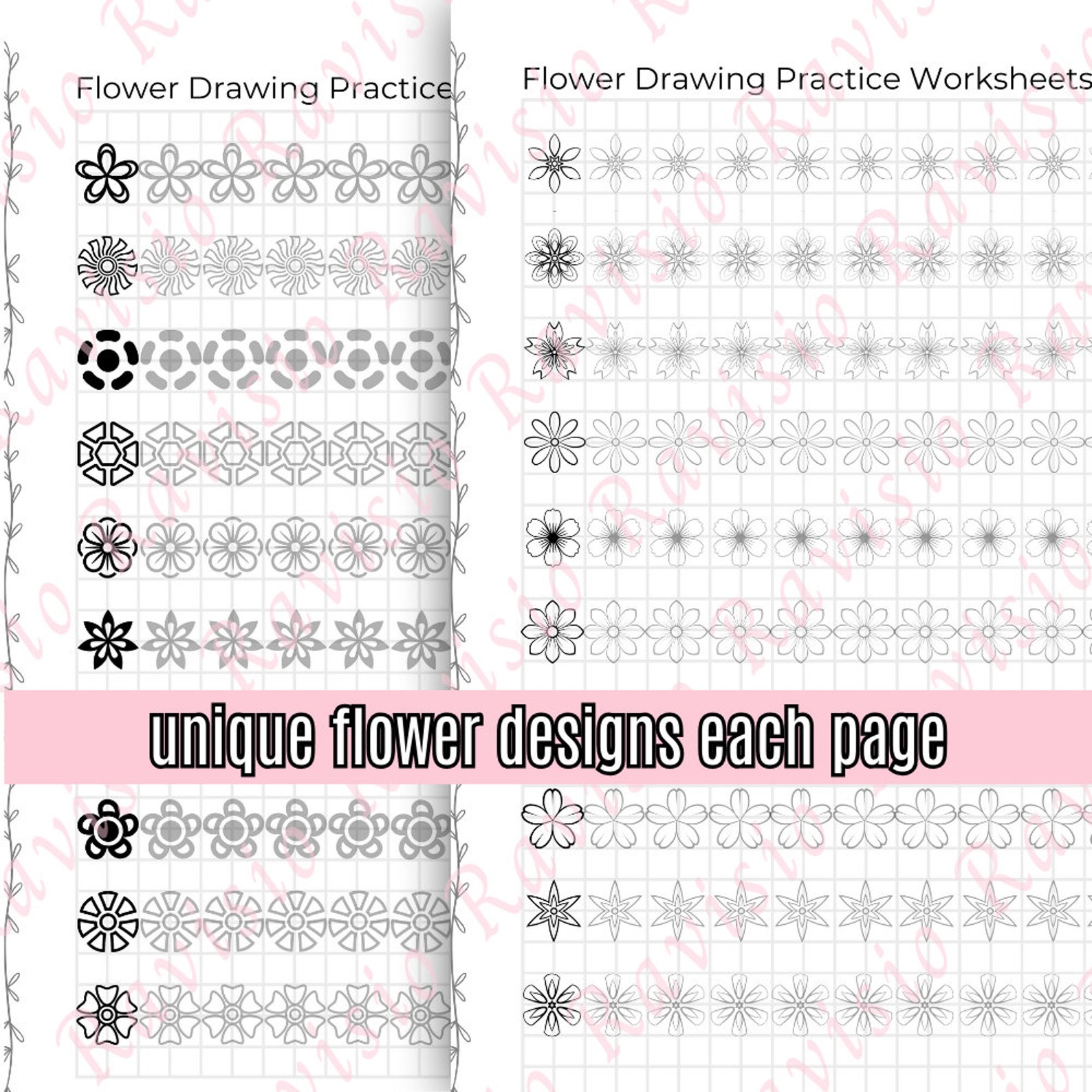 Flower Drawing Worksheets Printable Flower Doodle Art Learn How to Draw ...