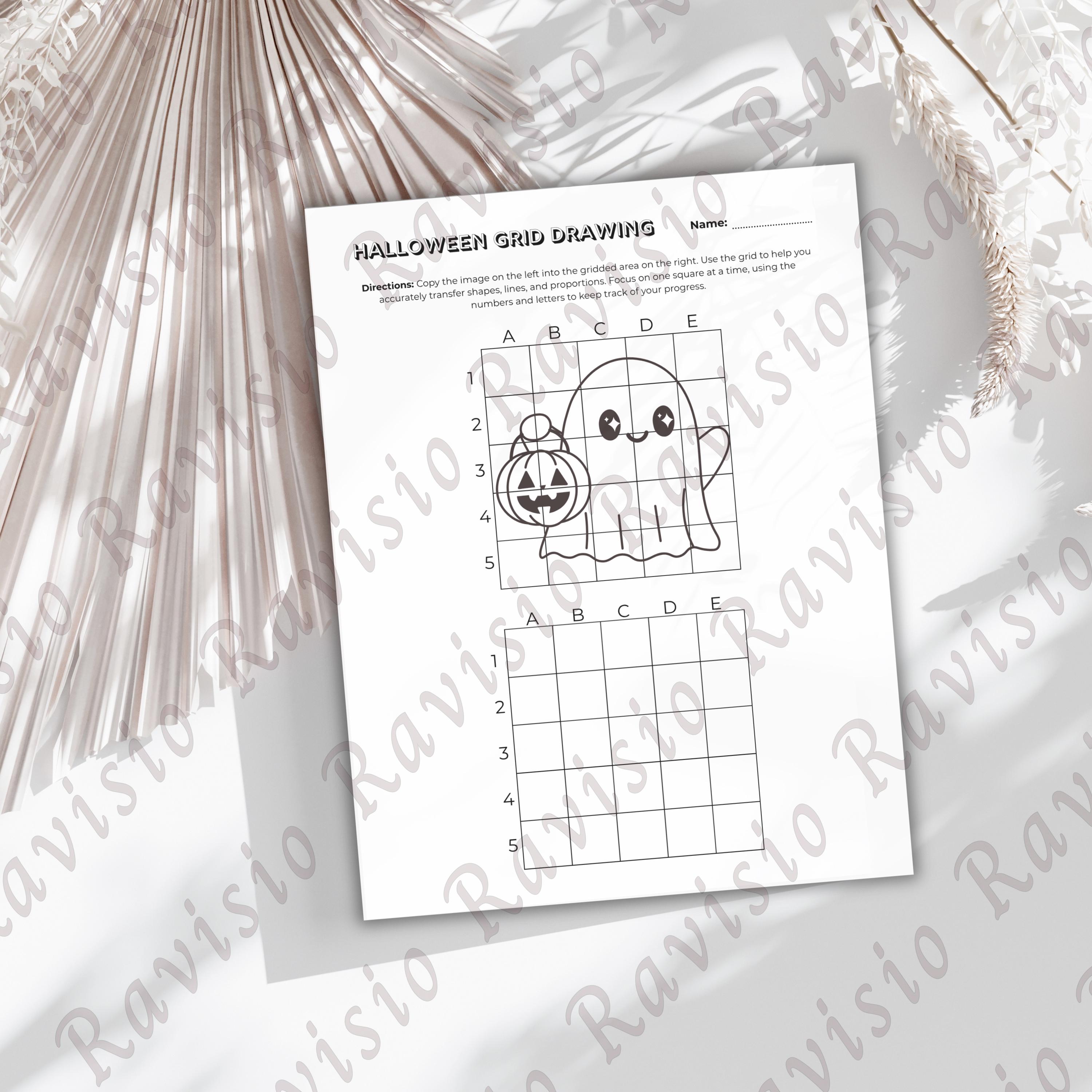 Halloween Grid Drawing Worksheets, Cute Ghost Pencil Drawing Tutorial ...