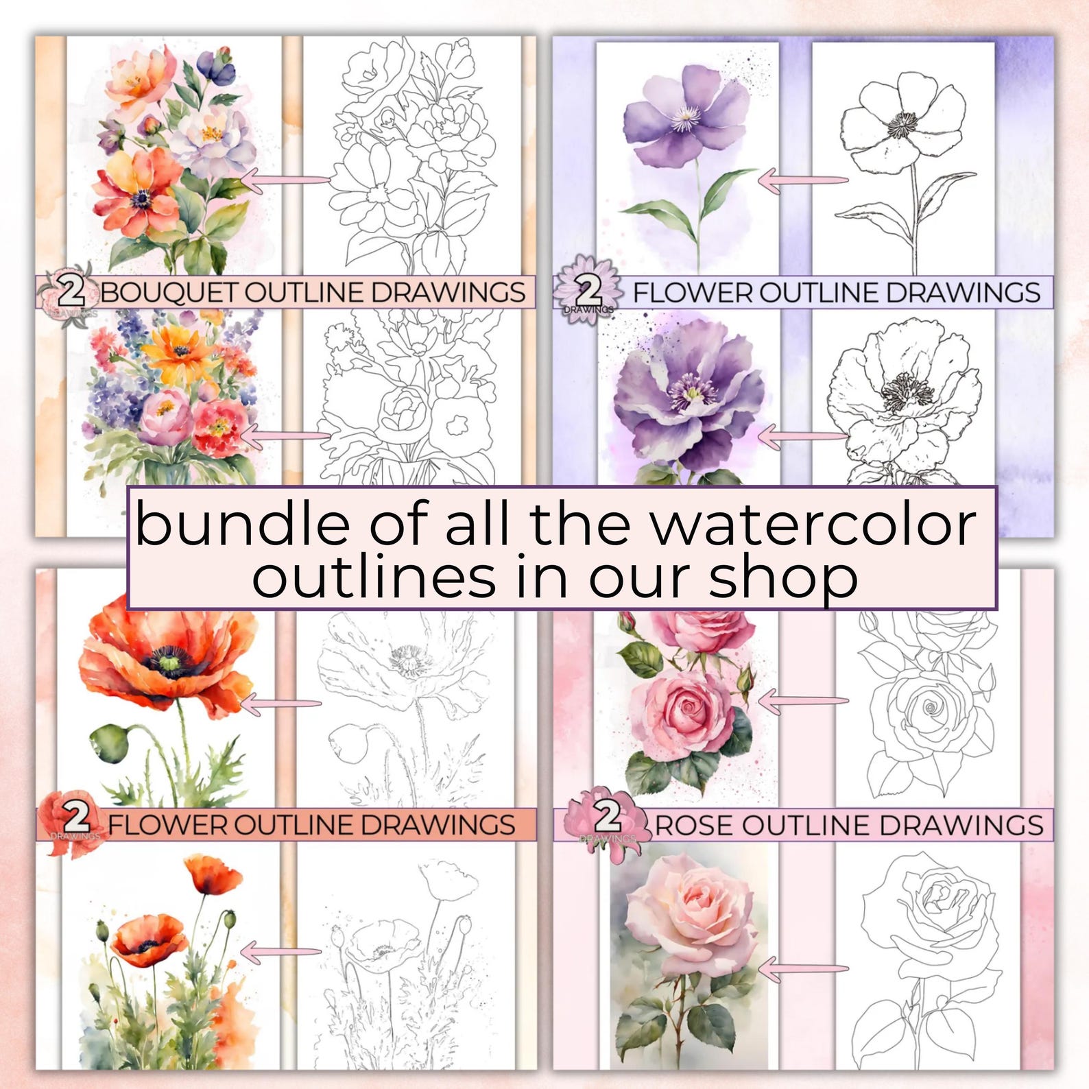 Outline Drawings Bundle, Watercolor Drawing Outlines, Coloring Outline ...