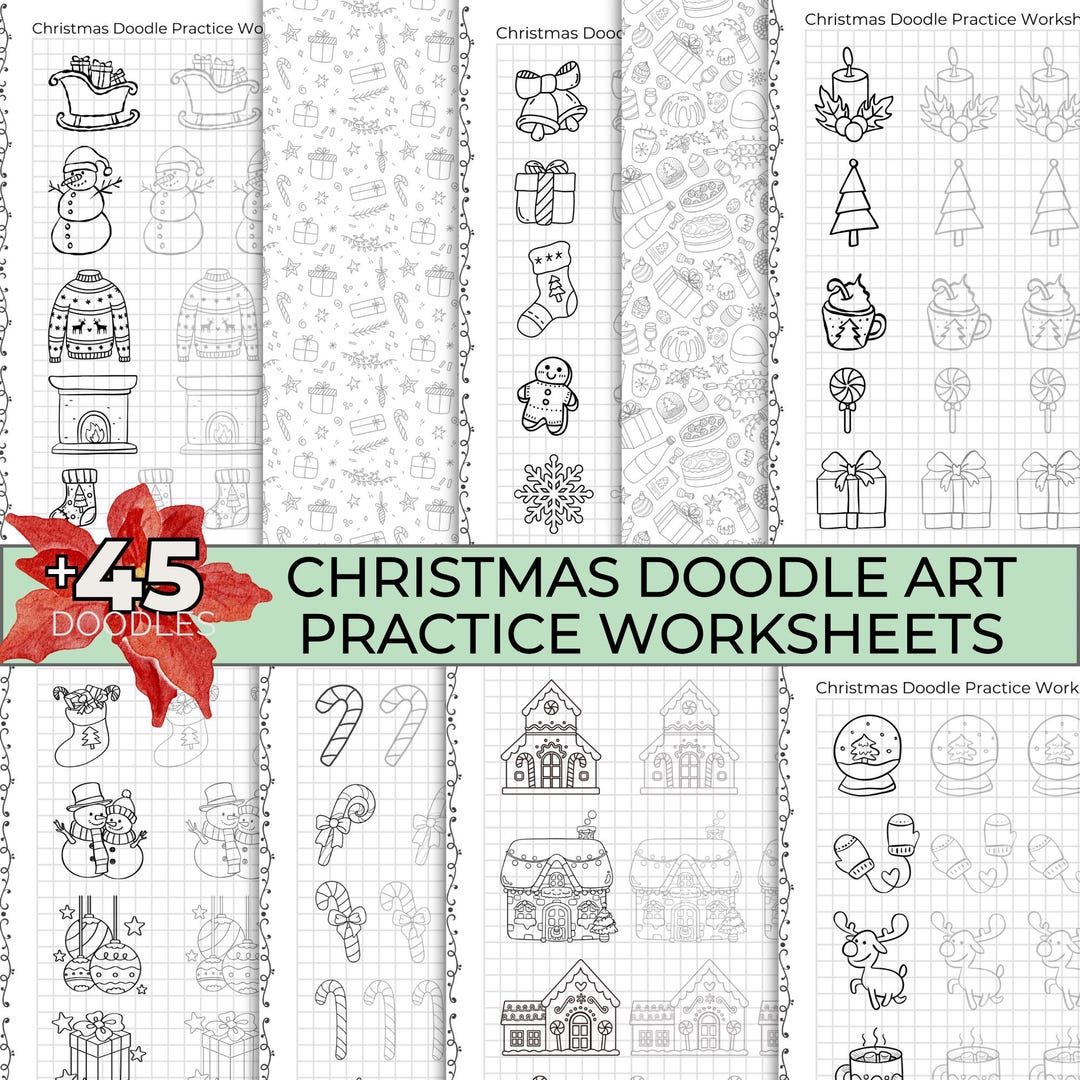 Christmas Doodle Drawing Worksheets, Printable Doodle Art Learn How to ...