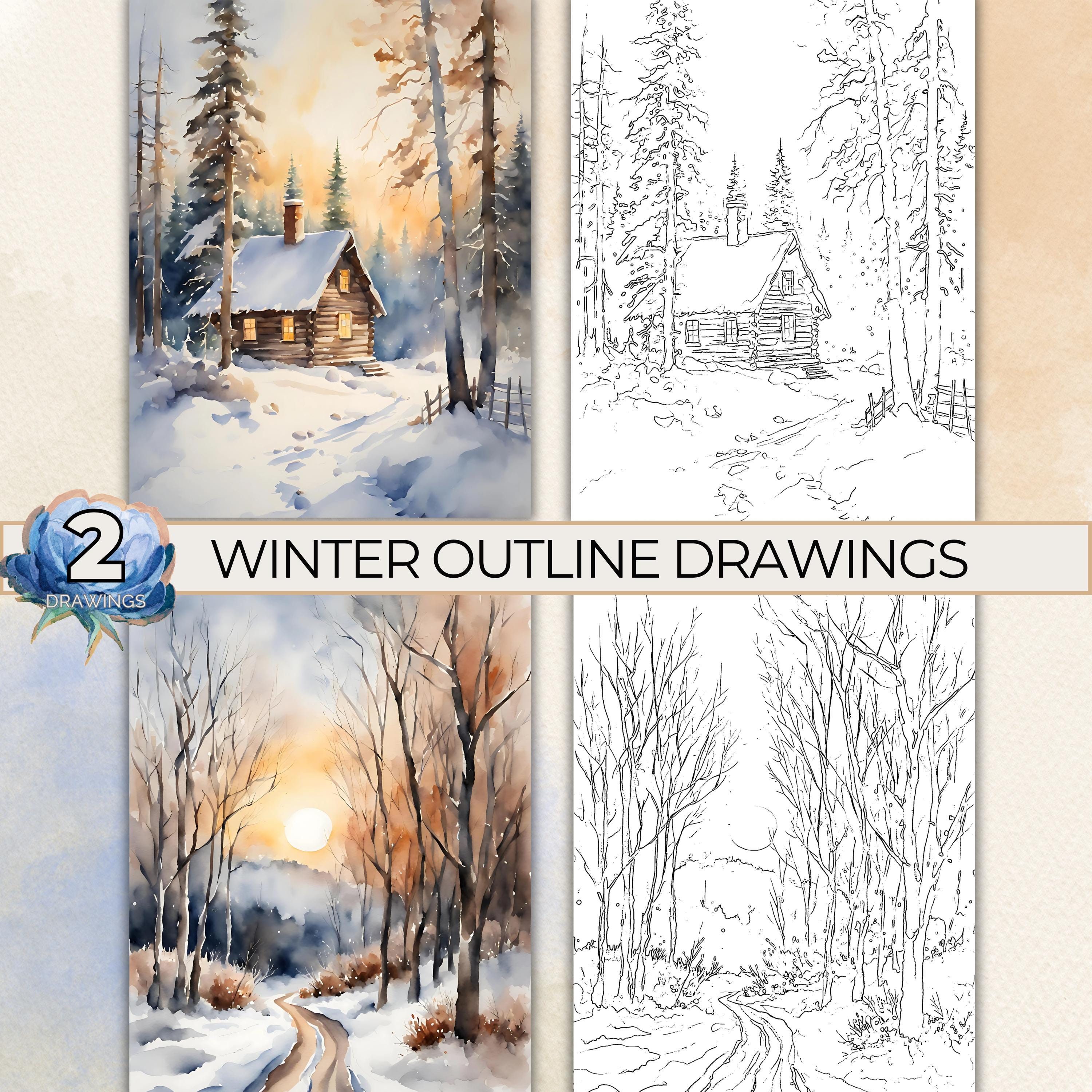 Winter Outline Drawings for Painting, Watercolor Drawing Outlines Snowy ...