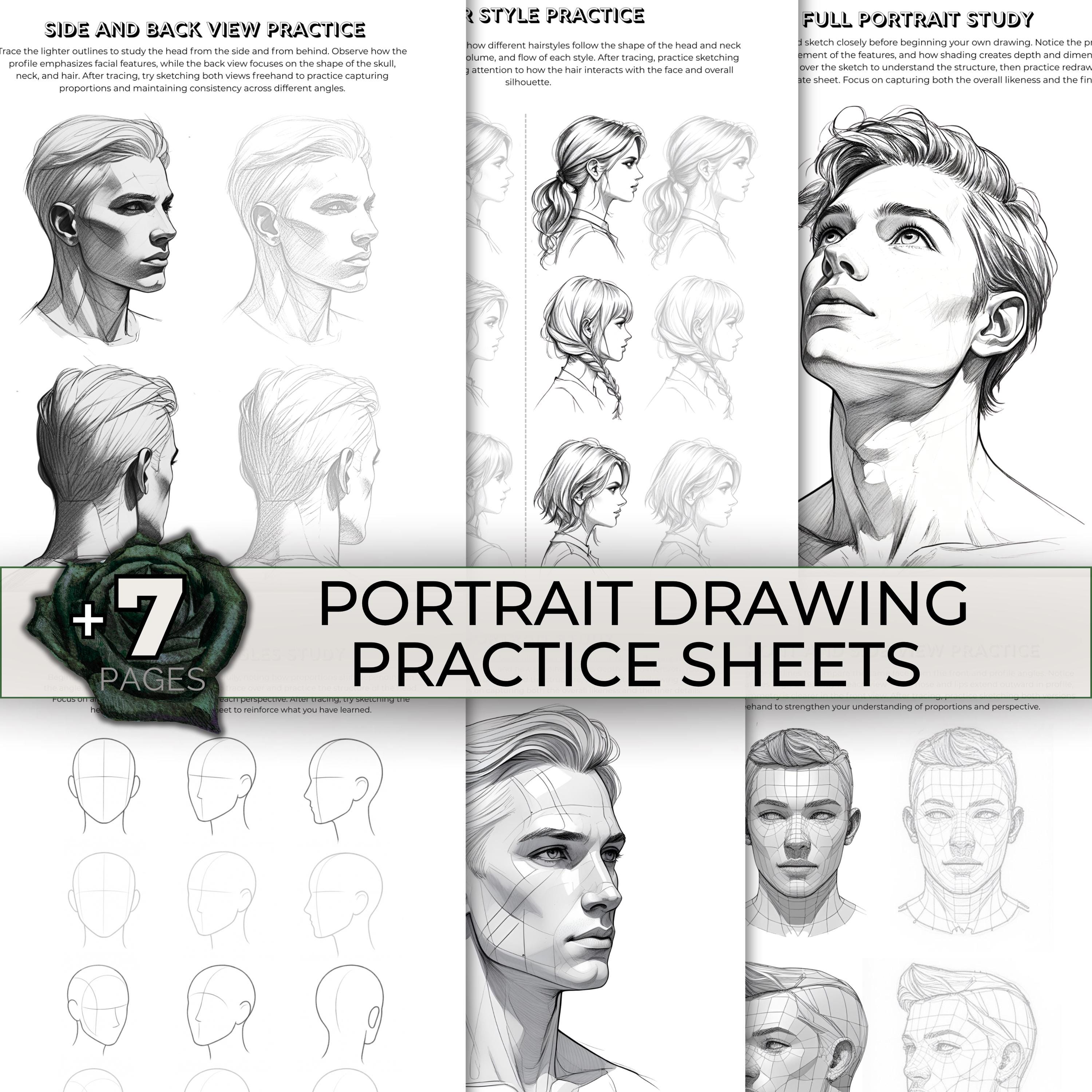 Head Drawing Practice Worksheets, Portrait Drawing Tutorial Printable ...