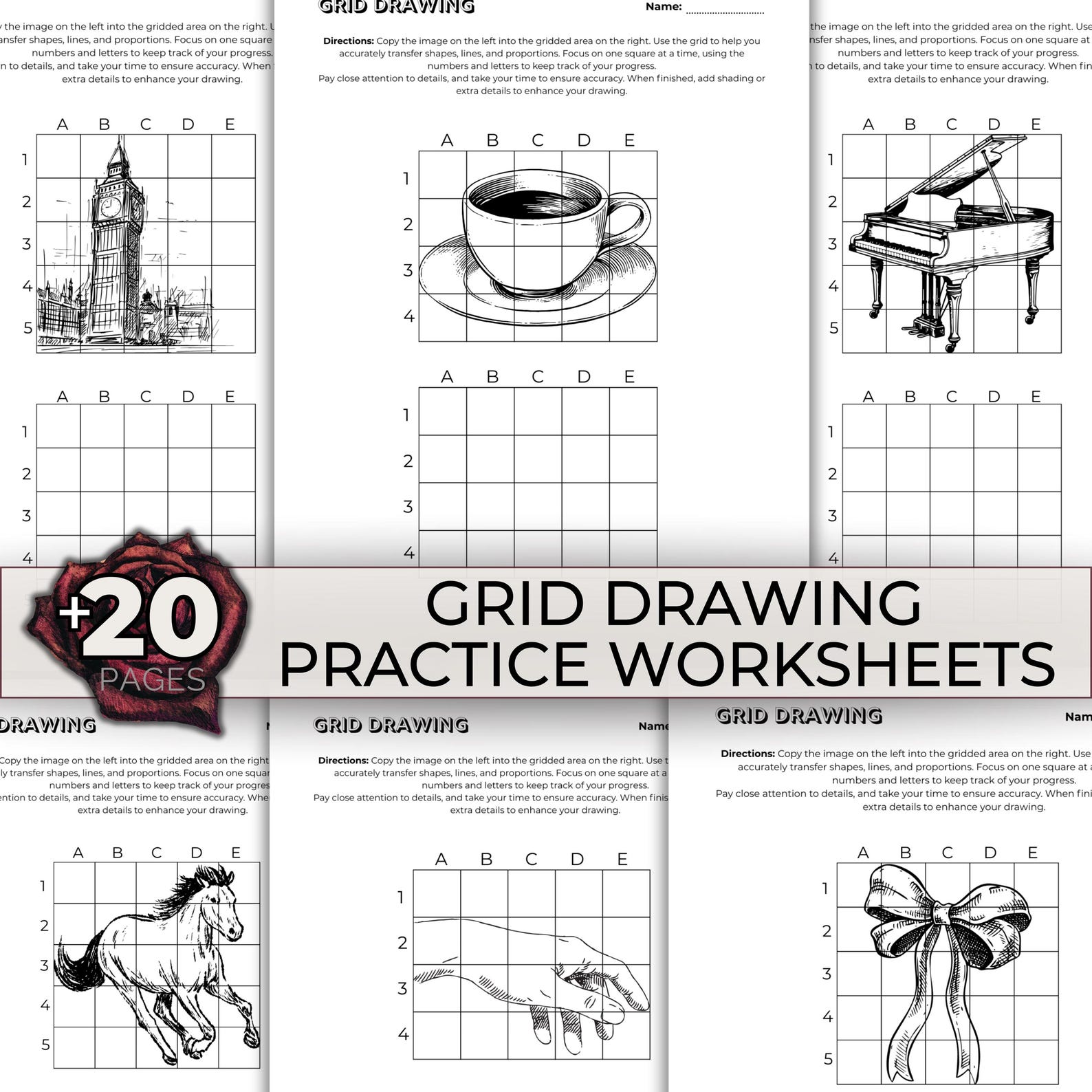 Grid Drawing Practice Worksheets, Pencil Drawing Tutorial Printable ...