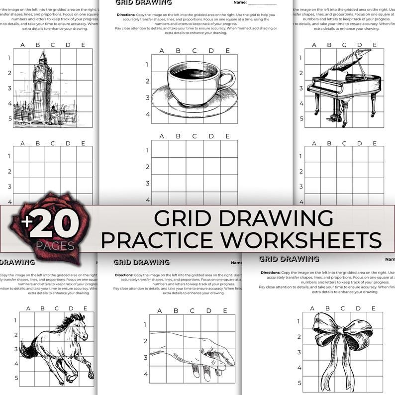 Grid Drawing Practice Worksheets, Pencil Drawing Tutorial Printable ...