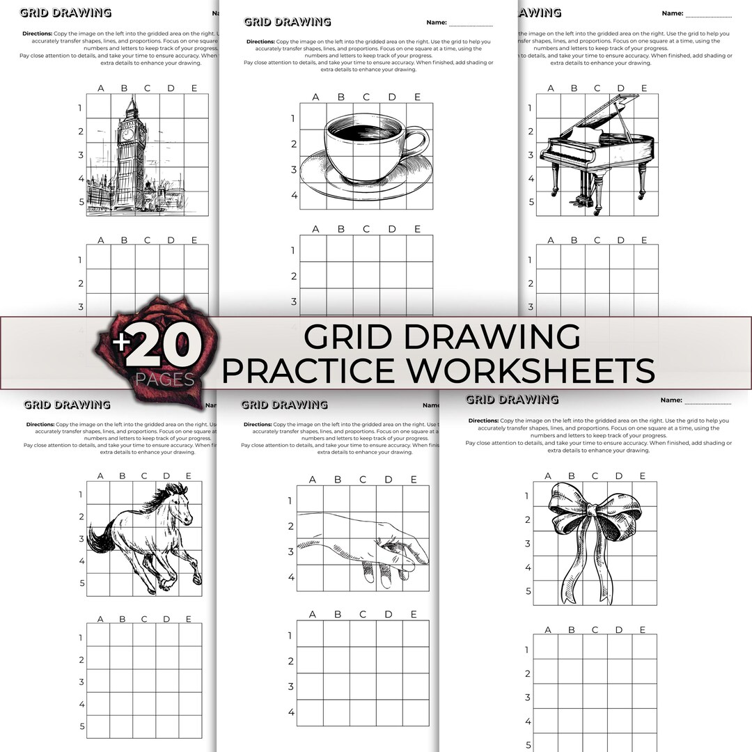 Grid Drawing Practice Worksheets, Pencil Drawing Tutorial Printable Learn to Draw Art Lesson Art ...
