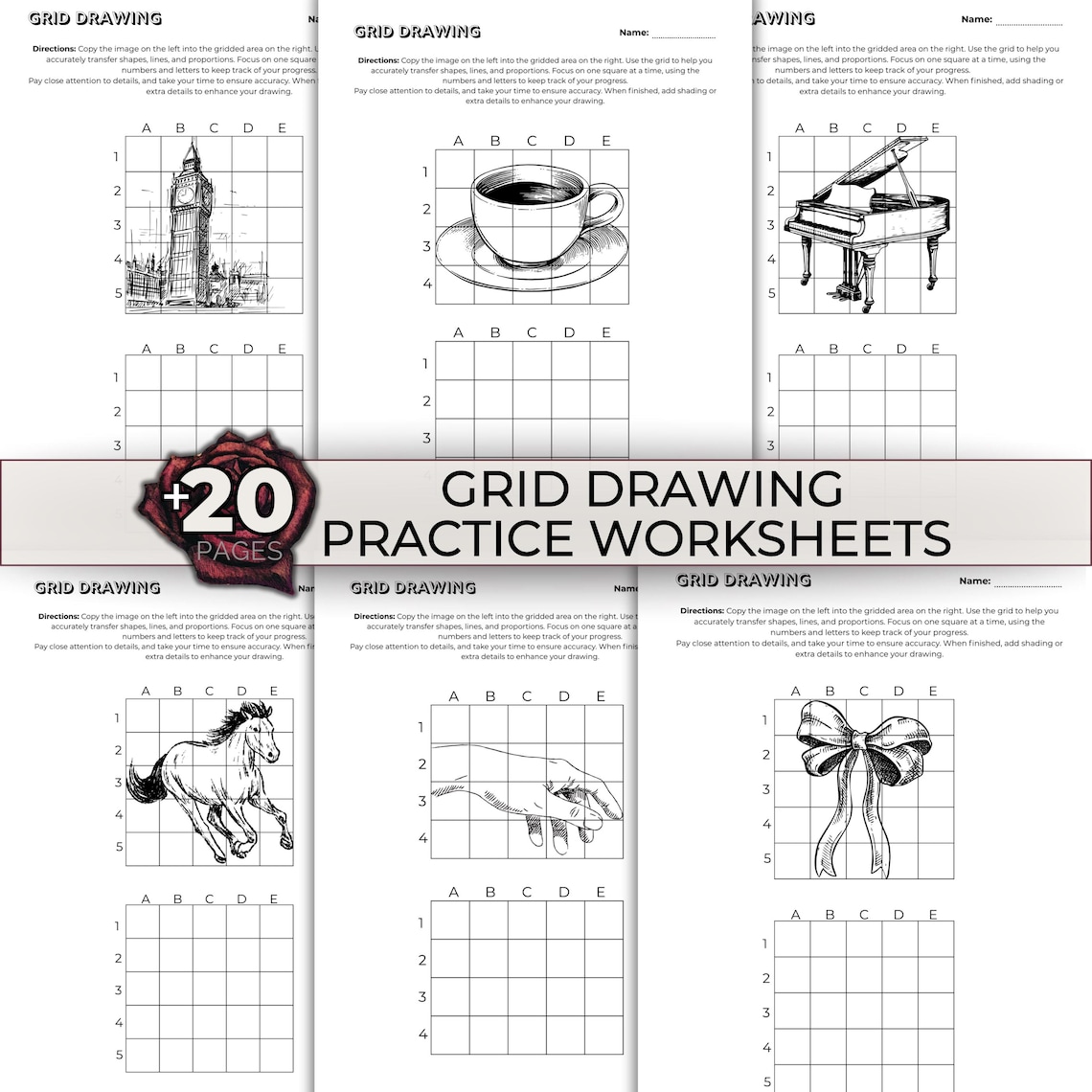 Grid Drawing Practice Worksheets, Pencil Drawing Tutorial Printable ...